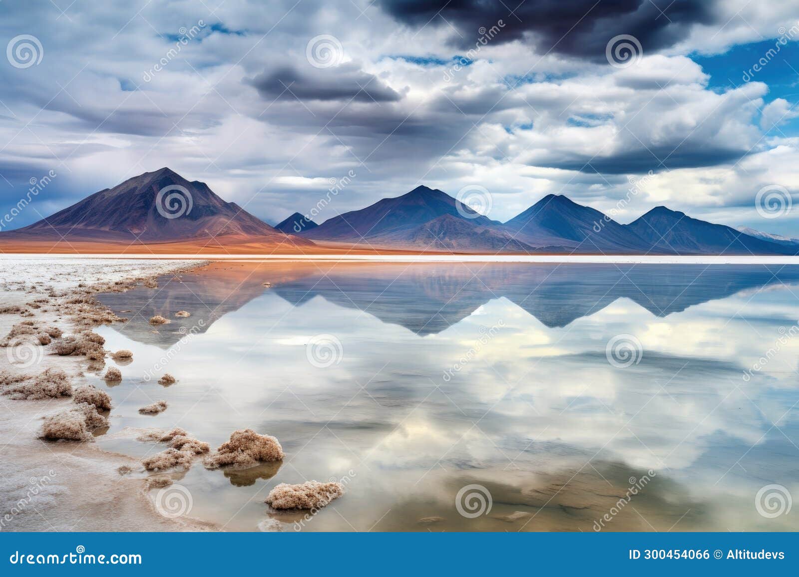 Salt Lagoon with Mountains in the Background Under a Cloudy Sky Stock ...