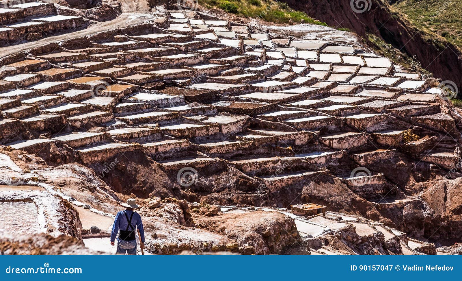 Salt Mines and Basins with Peruvian Worker in Front, Salineras D Stock ...