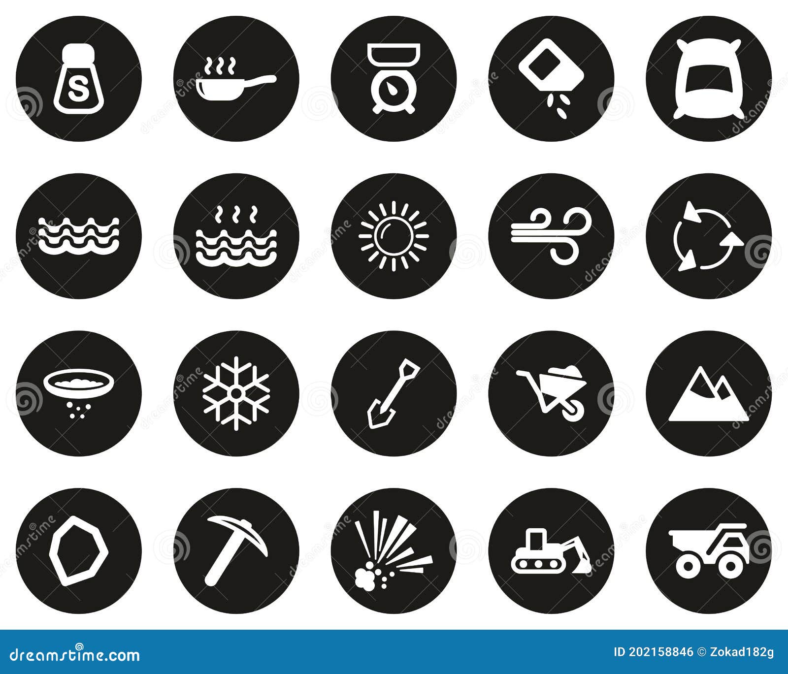 Salt & Salt Mining Icons White on Black Flat Design Circle Set Big ...
