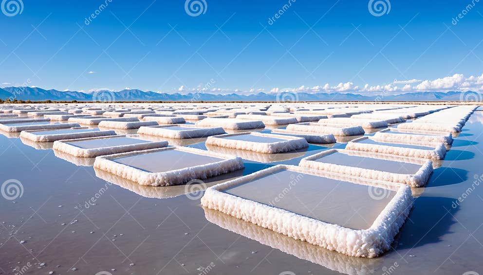 Salt Pan with Square Salt Blocks Lined Up in Rows Reflecting in the ...