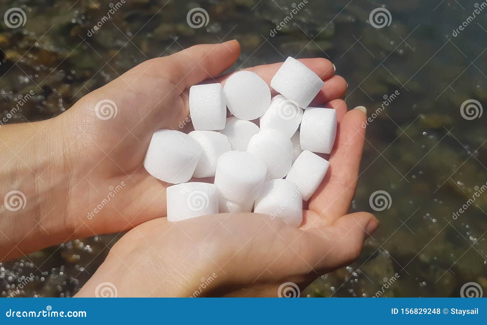 Salt Pellets for the Water Softener. Salt in Female Hands. Stock Photo ...