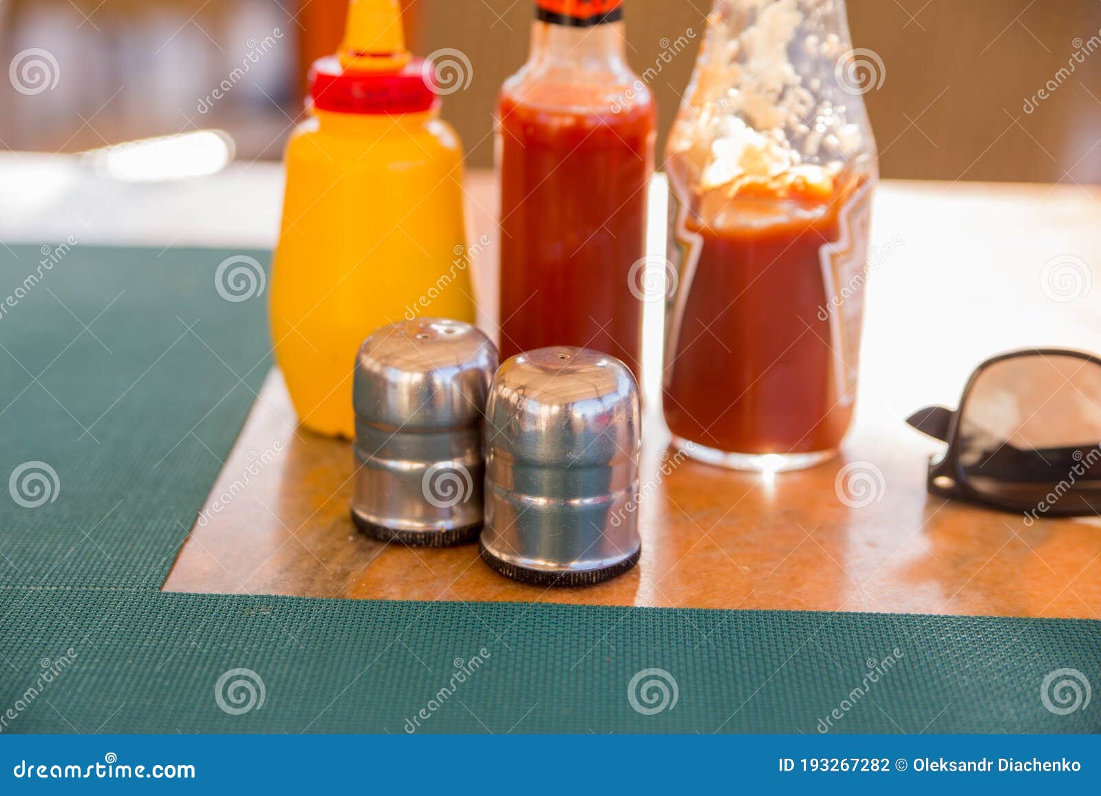 Salt and Pepper on Table and Sauce Stock Photo - Image of restaurant ...