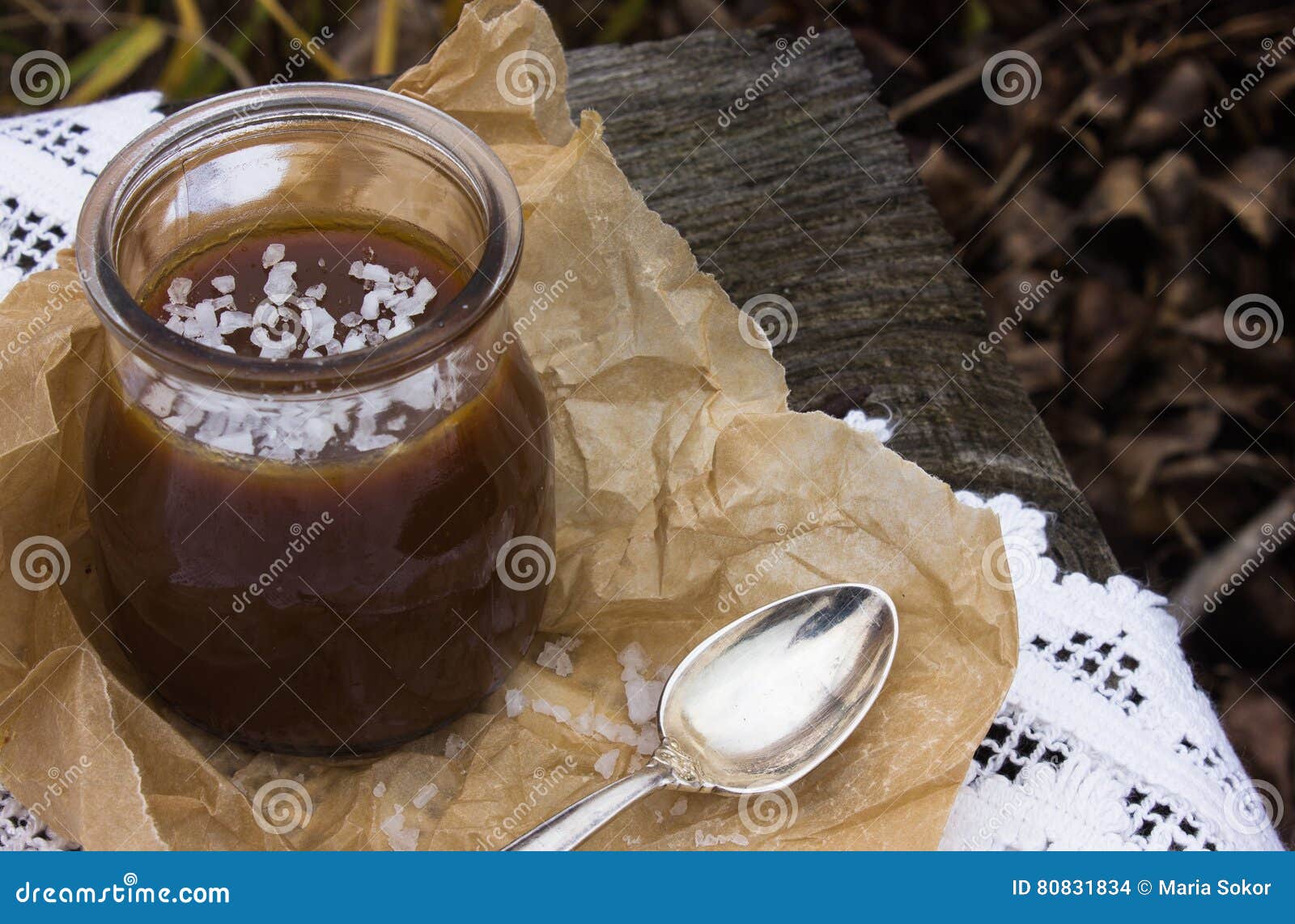 Salted Caramel Pot with a Silver Spoon. Vintage Stock Photo - Image of ...