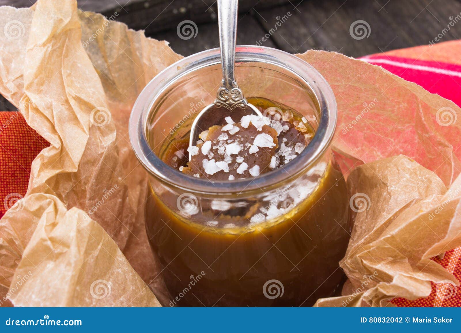 Salted Caramel Pot with a Silver Spoon. Stock Photo - Image of dessert ...