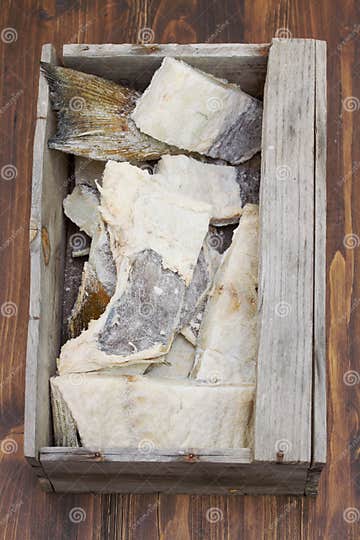 Salted Cod Fish in Wooden Box Stock Photo - Image of portuguese, food ...