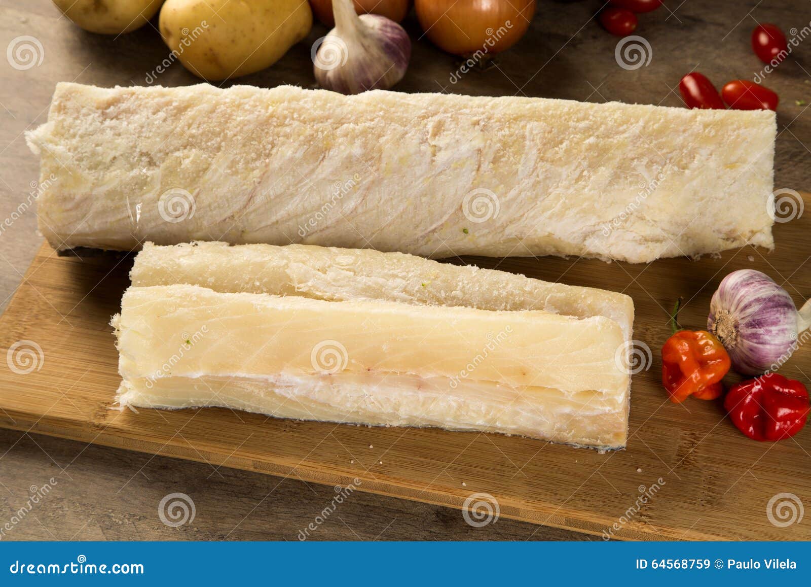 Salted Codfish on the Wooden Table with Ingredients Stock Image - Image ...