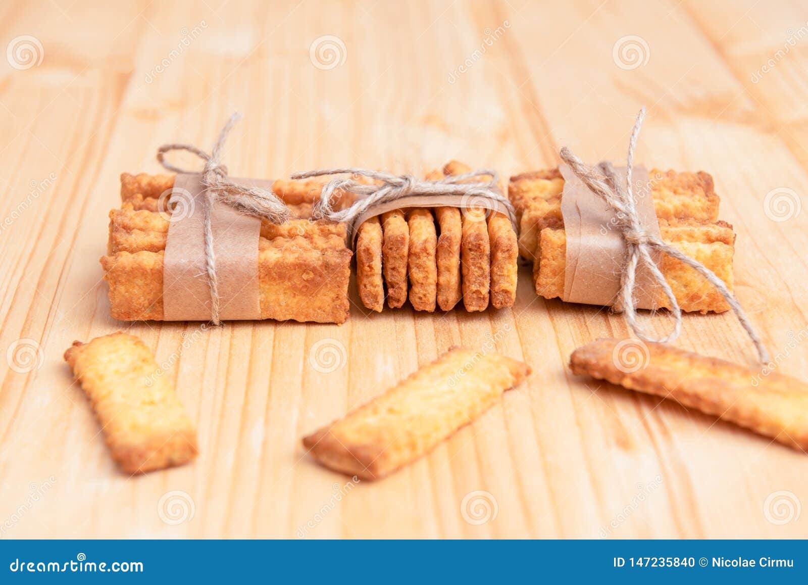Salted Crackers Chained with String Stock Photo - Image of bakery ...