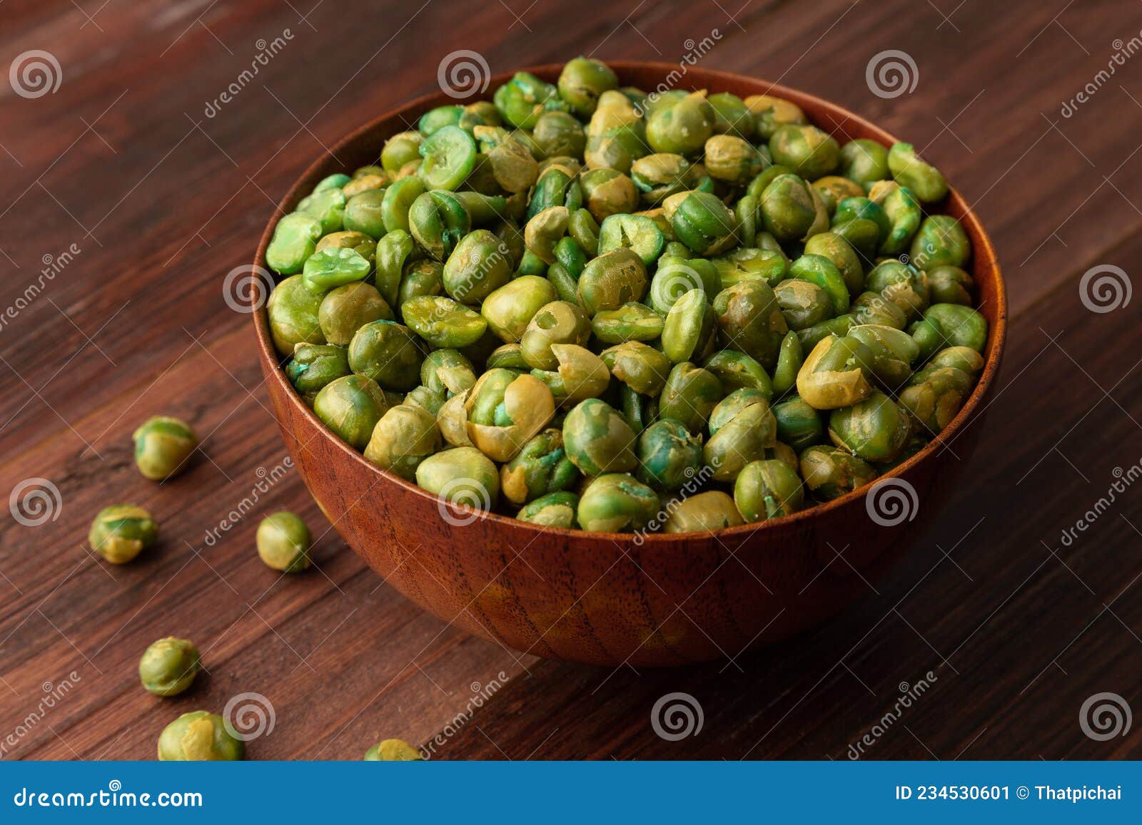Salted Green Peas In Wooden Bowl On The Table Healthy Snack Vegetarian Food Stock Image