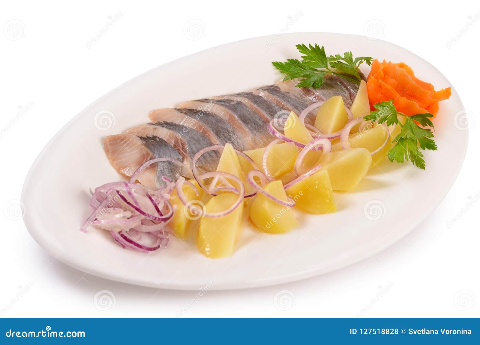The Salted Herring with Boiled Potatoes and Onions Stock Photo - Image ...