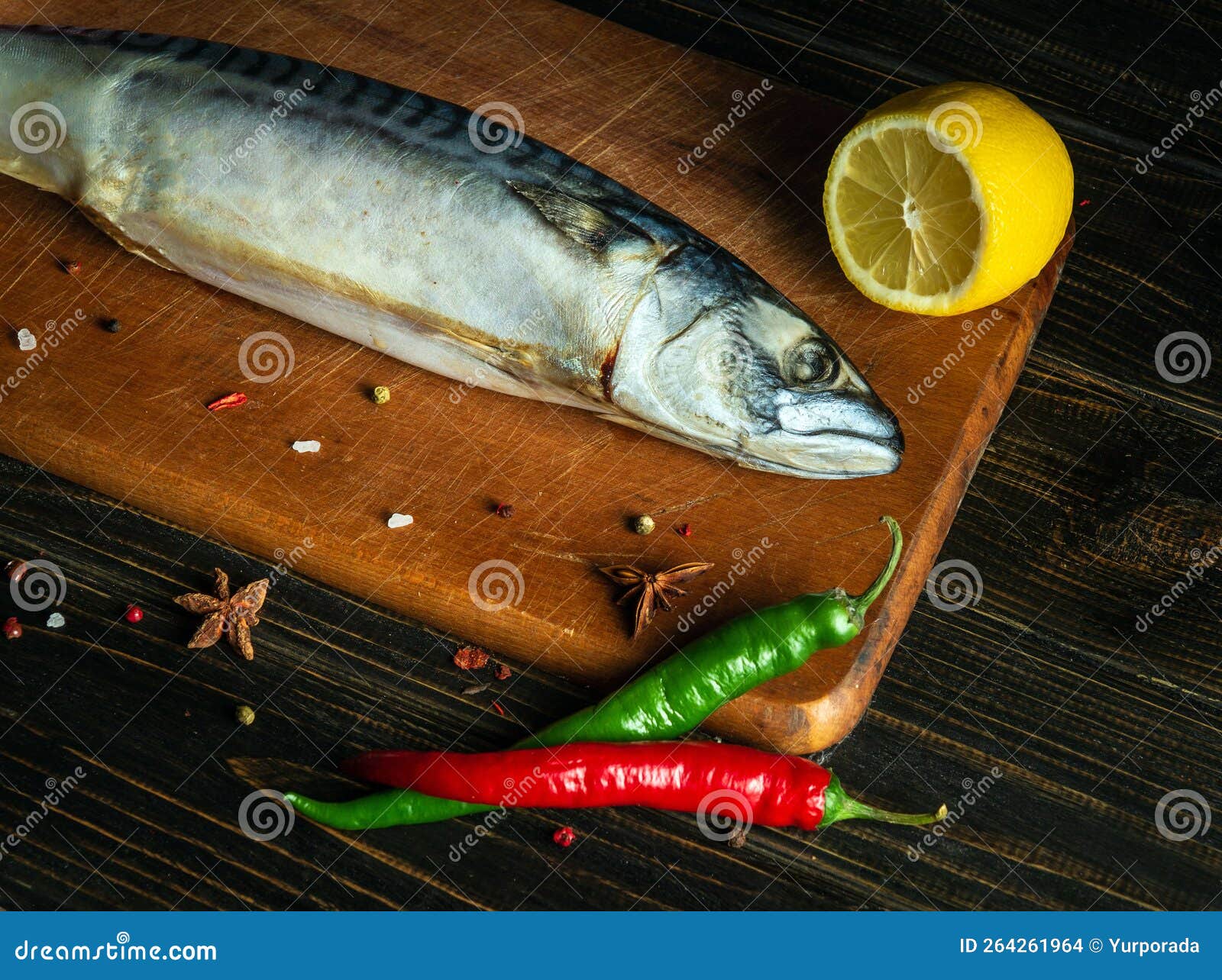 Salted Mackerel or Scomber Fish on Kitchen Cutting Board before Cooking ...