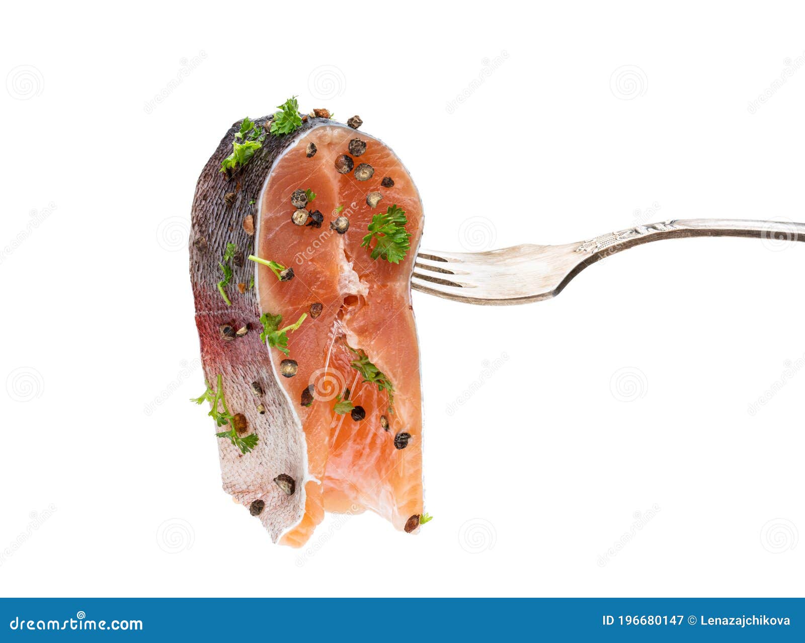 Salted Slice of Rainbow Trout on a Fork Isolated on White Stock Image ...