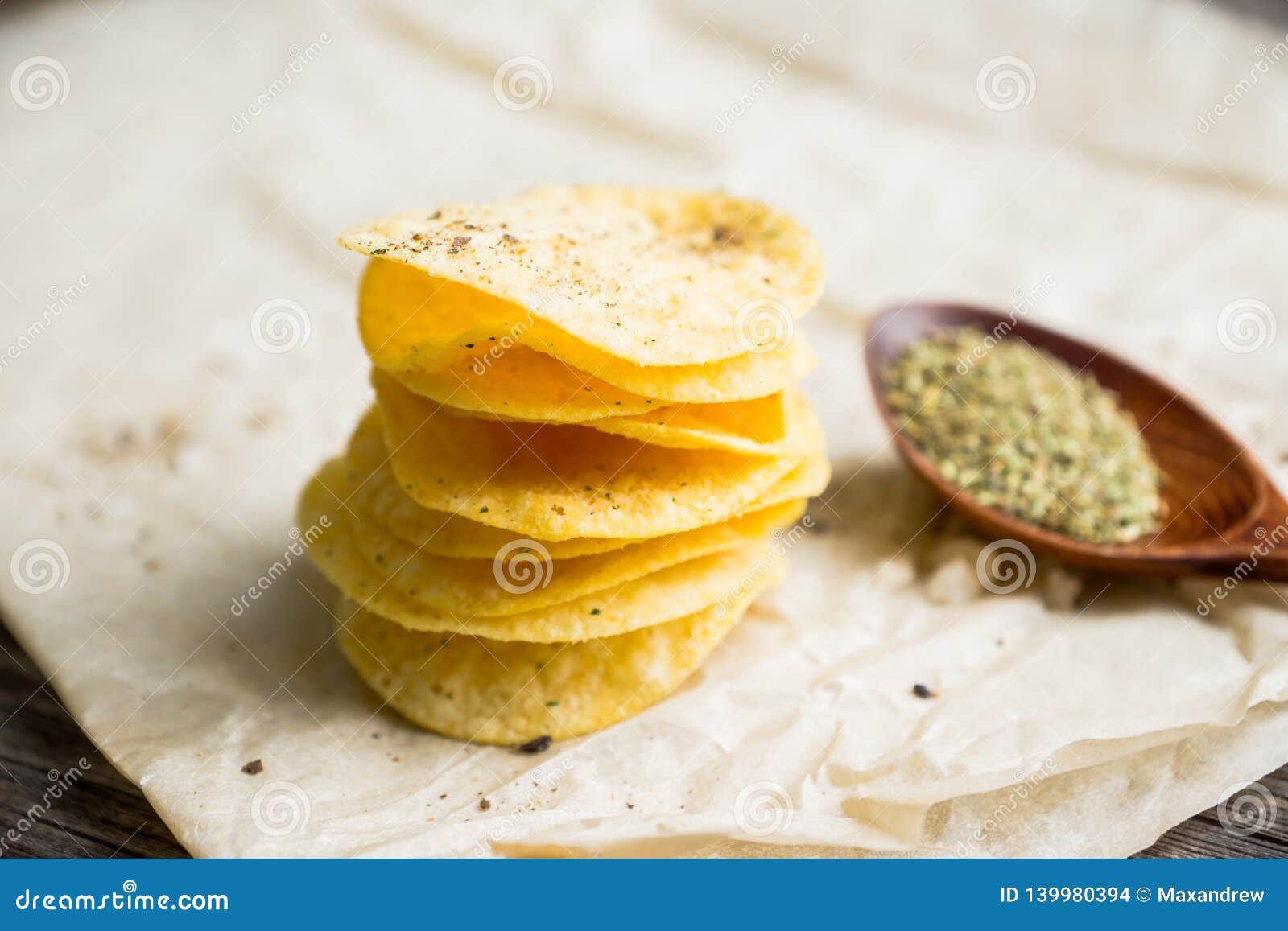 Salty Chips on the Rustic Background Stock Photo - Image of fast, stack ...