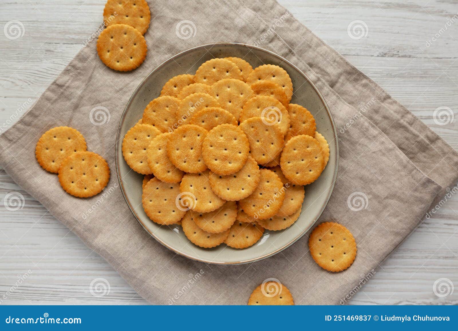Salty Round Crackers on a Plate, Top View. Flat Lay, Overhead, from ...