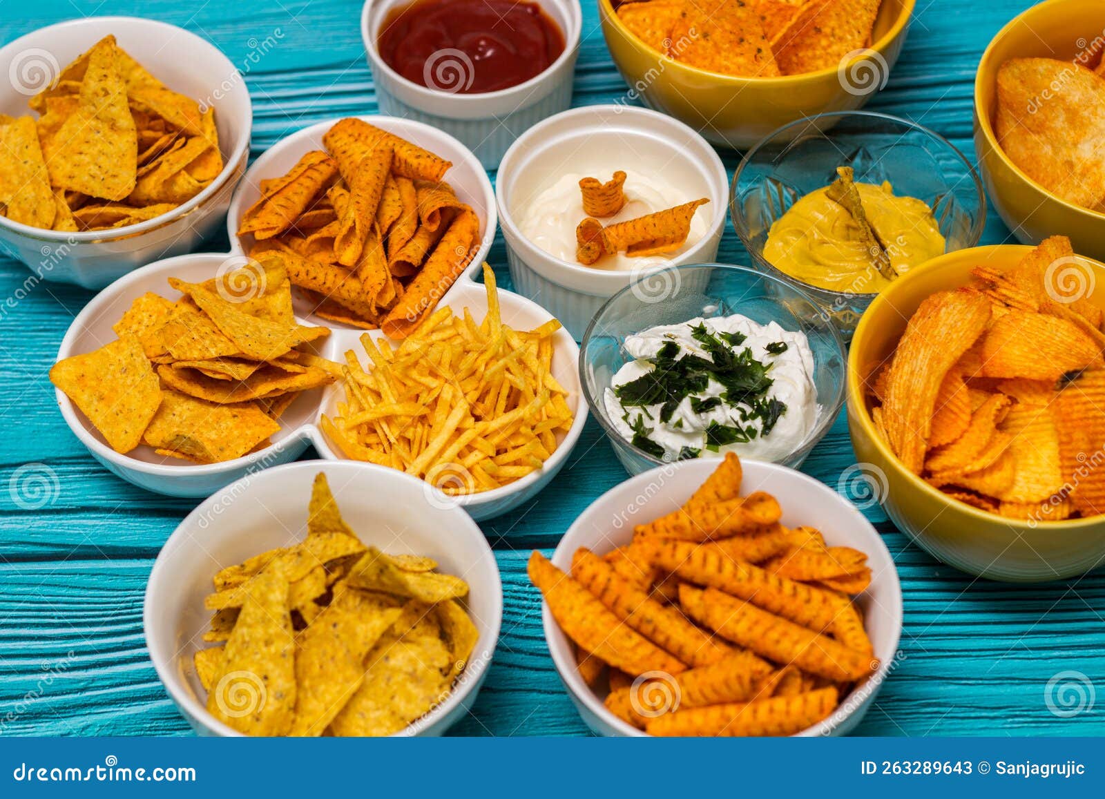 Salty Snacks Assortment and Dipping Sauce Stock Image - Image of full ...