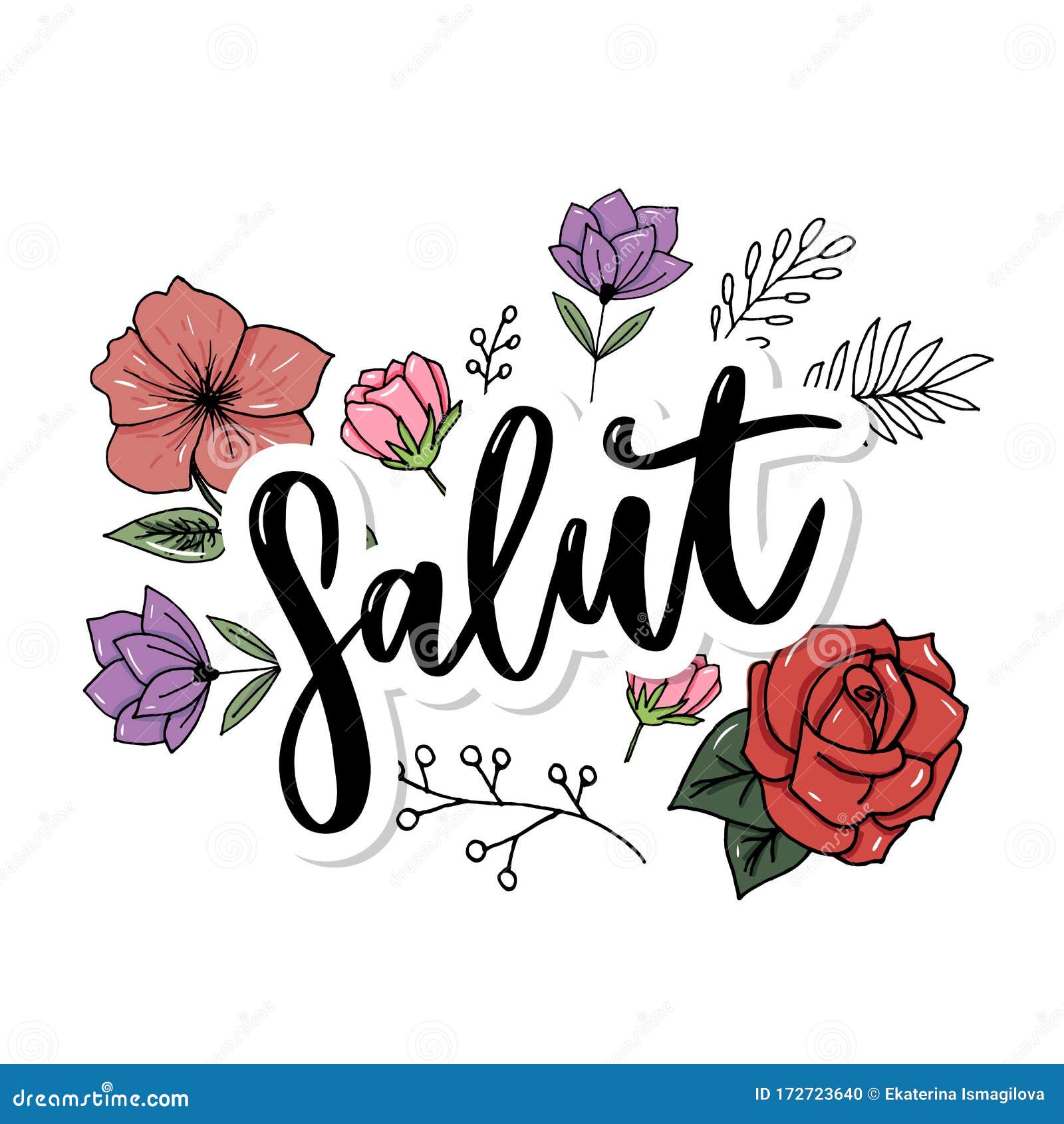 Salut Phrase Handwritten With A Calligraphy Brush. Hello In French ...