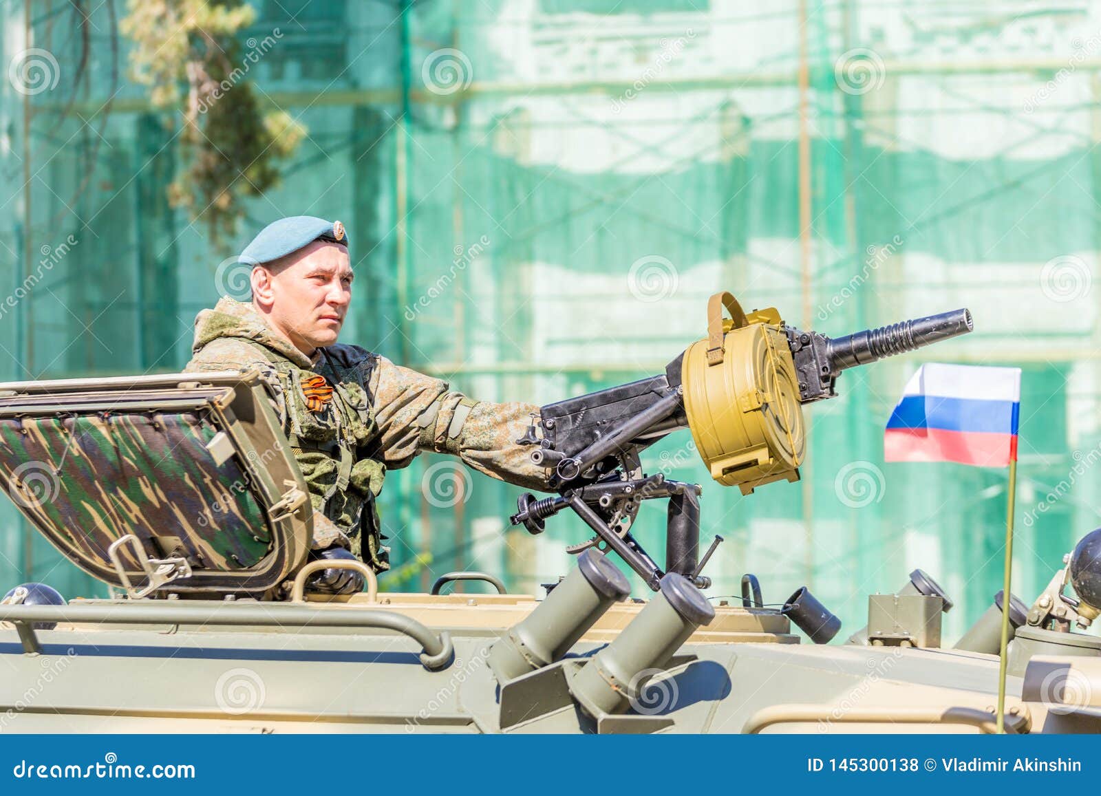 Samara, May, 2018: a Soldier with a Machine Gun on a BMP Editorial ...