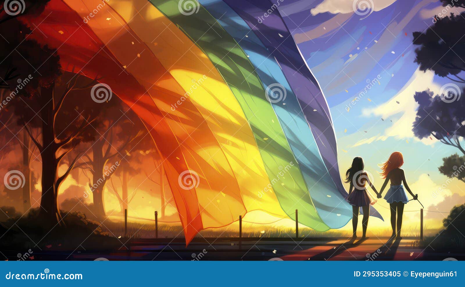 Same Gender Couple in Sunset with a Rainbow Flag Stock Illustration ...