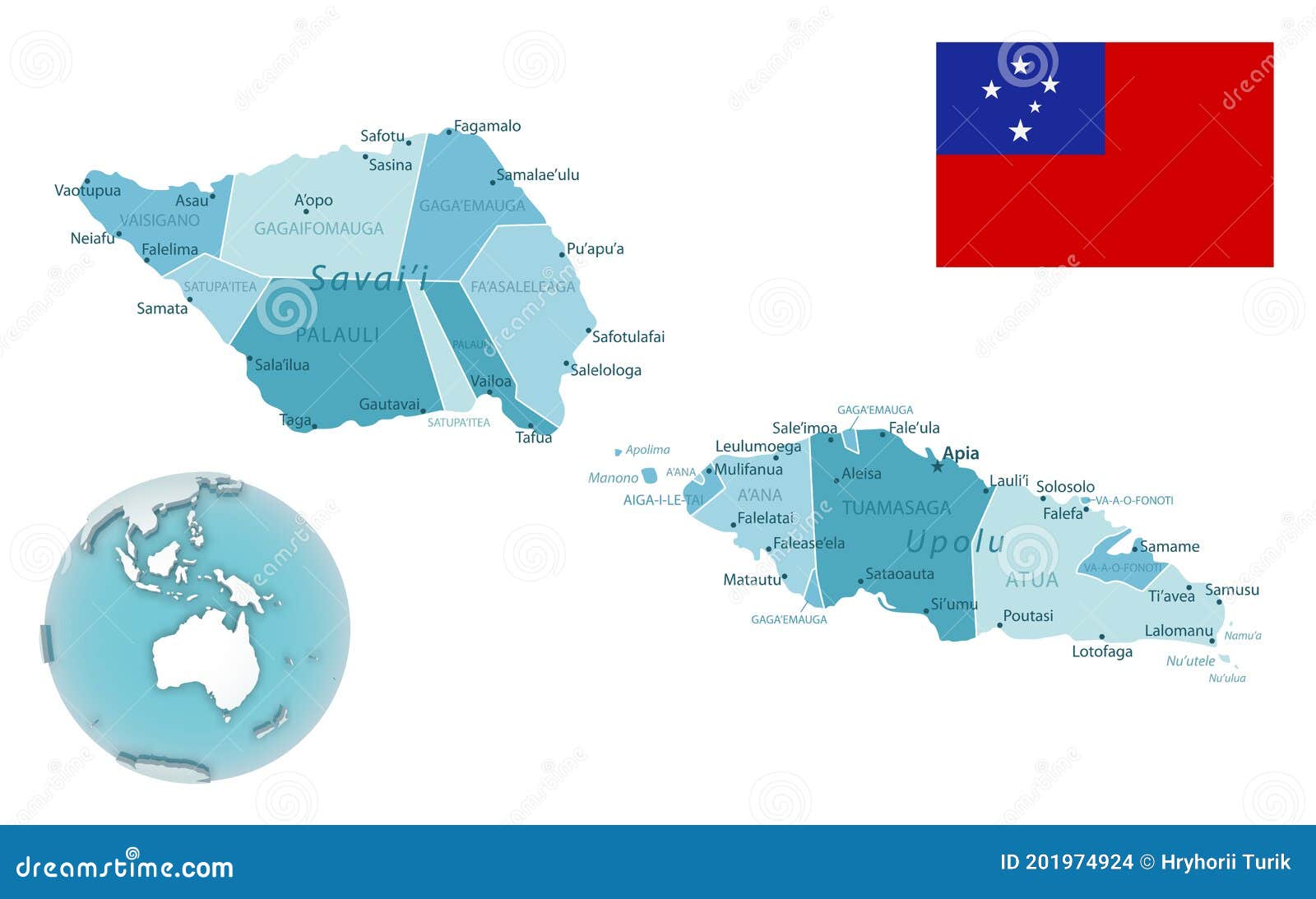 Samoa Administrative Blue-green Map with Country Flag and Location on a ...