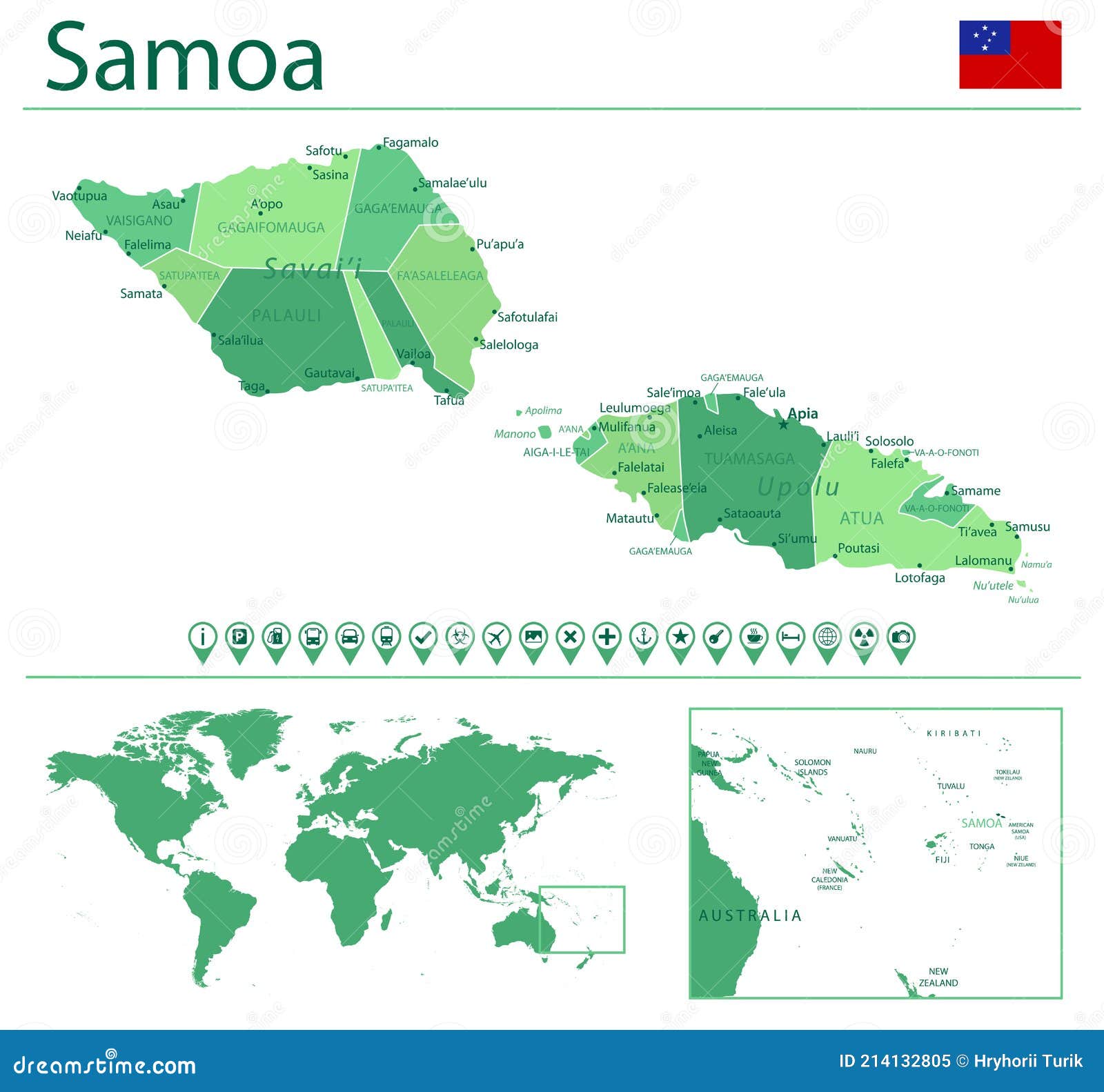 Samoa - Detailed Country Outline And Location On World Map. Vector ...