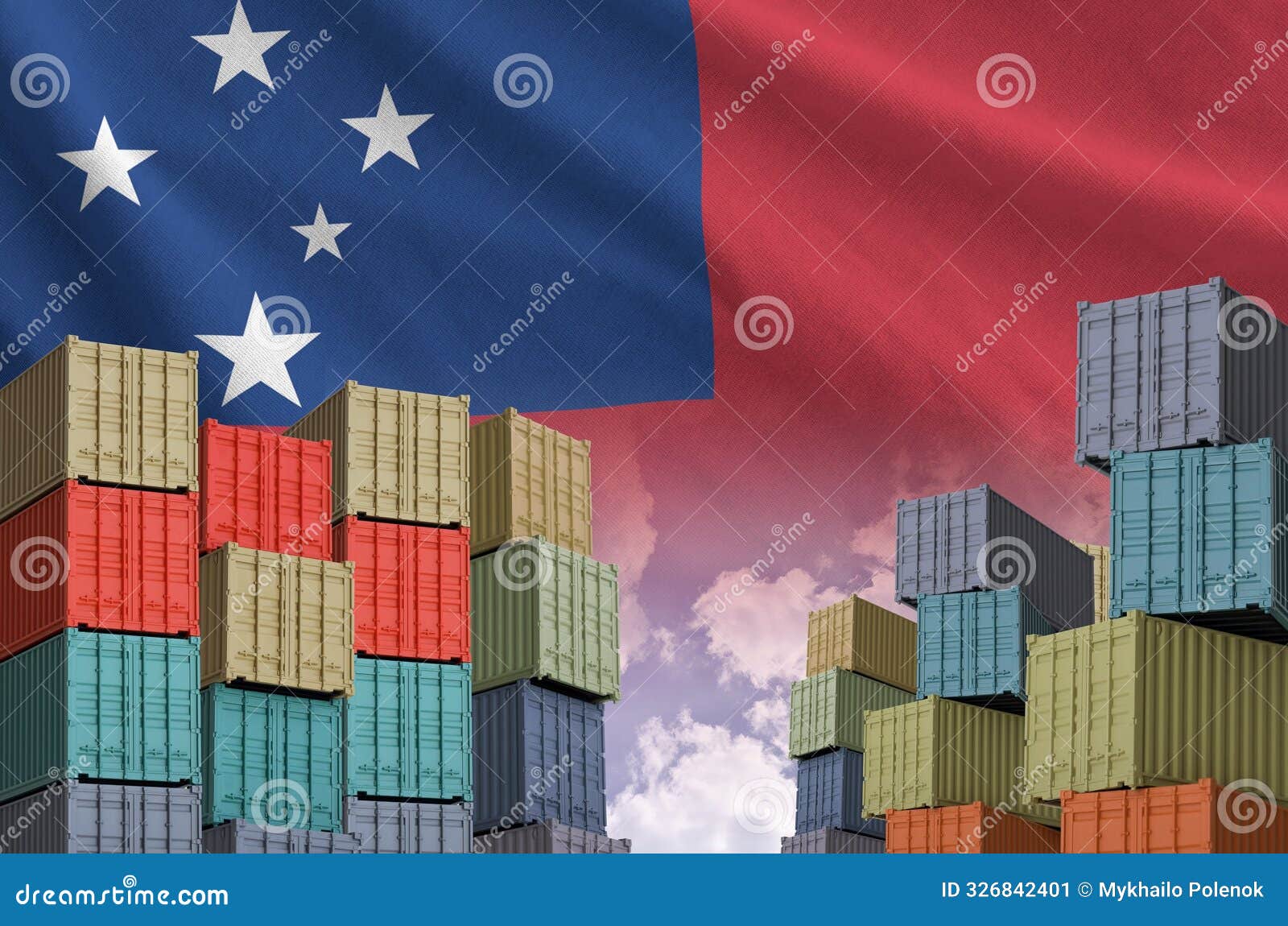 Samoa Flag and Big Stack of Shipping Cargo Containers in Docks with Sky ...