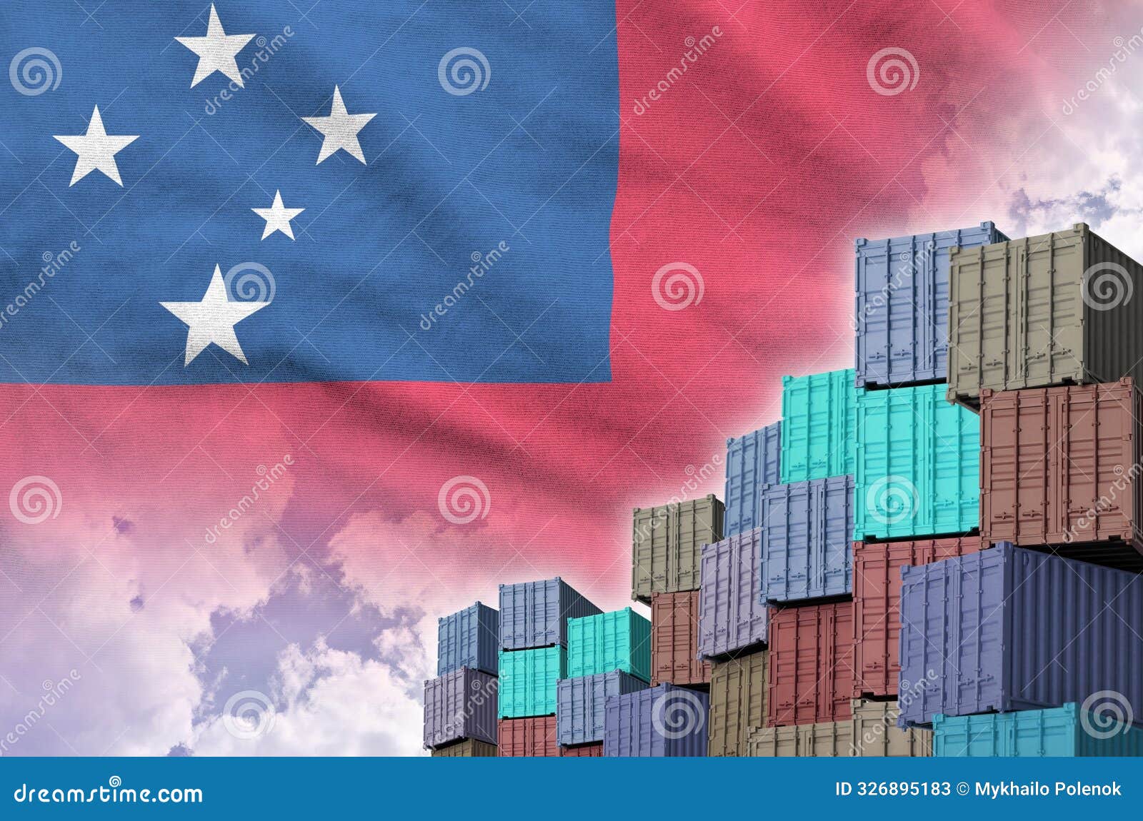 Samoa Flag and Big Stack of Shipping Cargo Containers in Docks with Sky ...