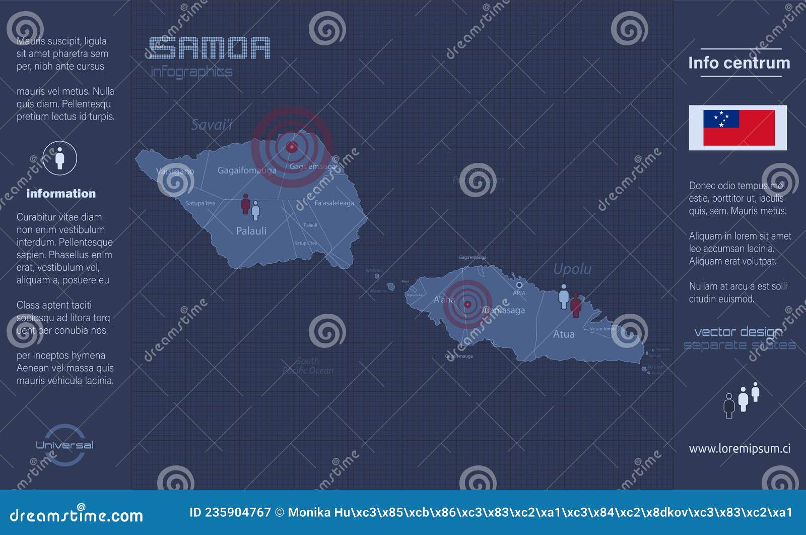 Samoa Map, Separate Regions with Names, Infographics Blue Flat Design ...