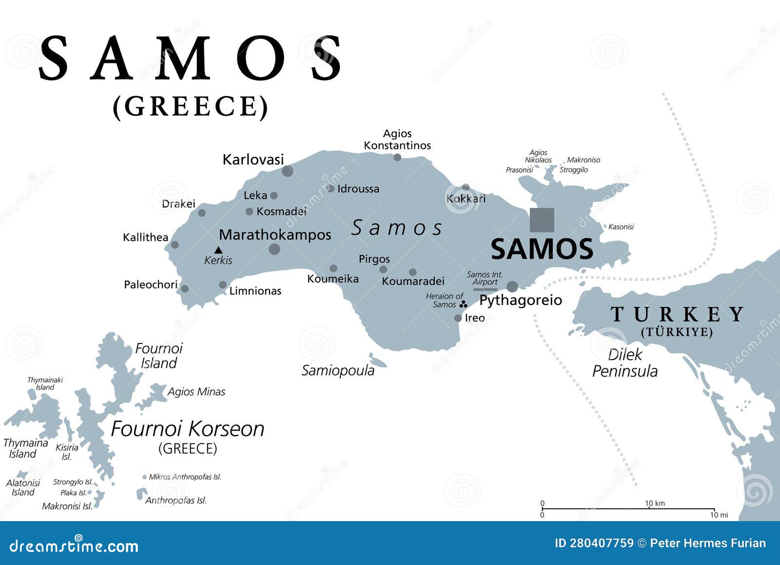 Samos, Greek Island in the Eastern Aegean Sea, Gray Political Map Stock ...