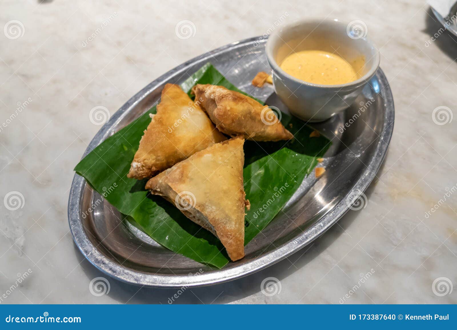 Samosa and sauce on tray stock photo. Image of pakistan - 173387640