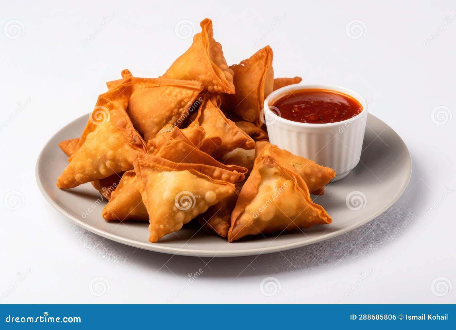 Samosa and Pakora on a Plate with Dipping Sauce Isolated on White ...