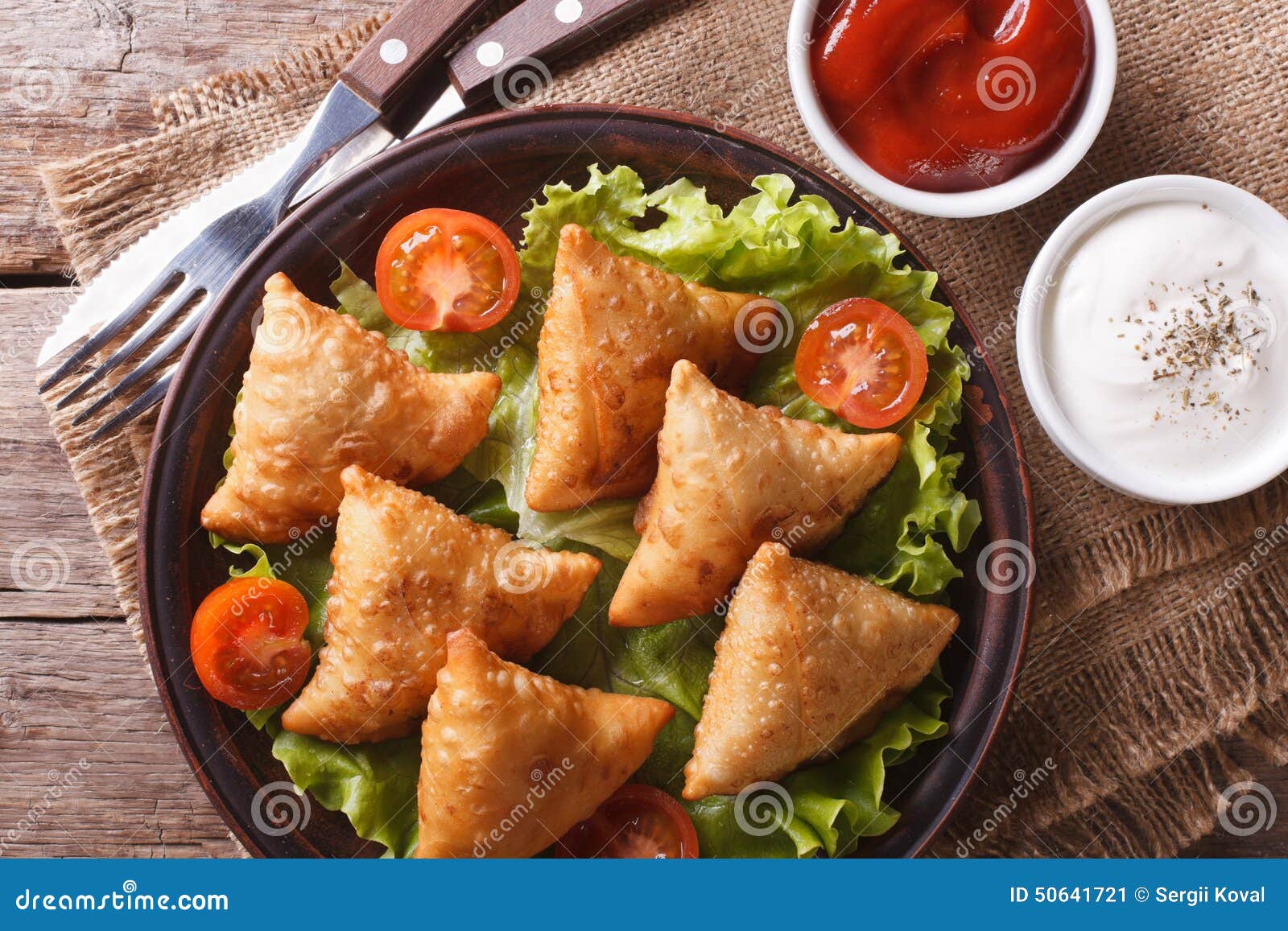 Samosa on a Plate with Sauce Closeup, Horizontal Top View Stock Image ...