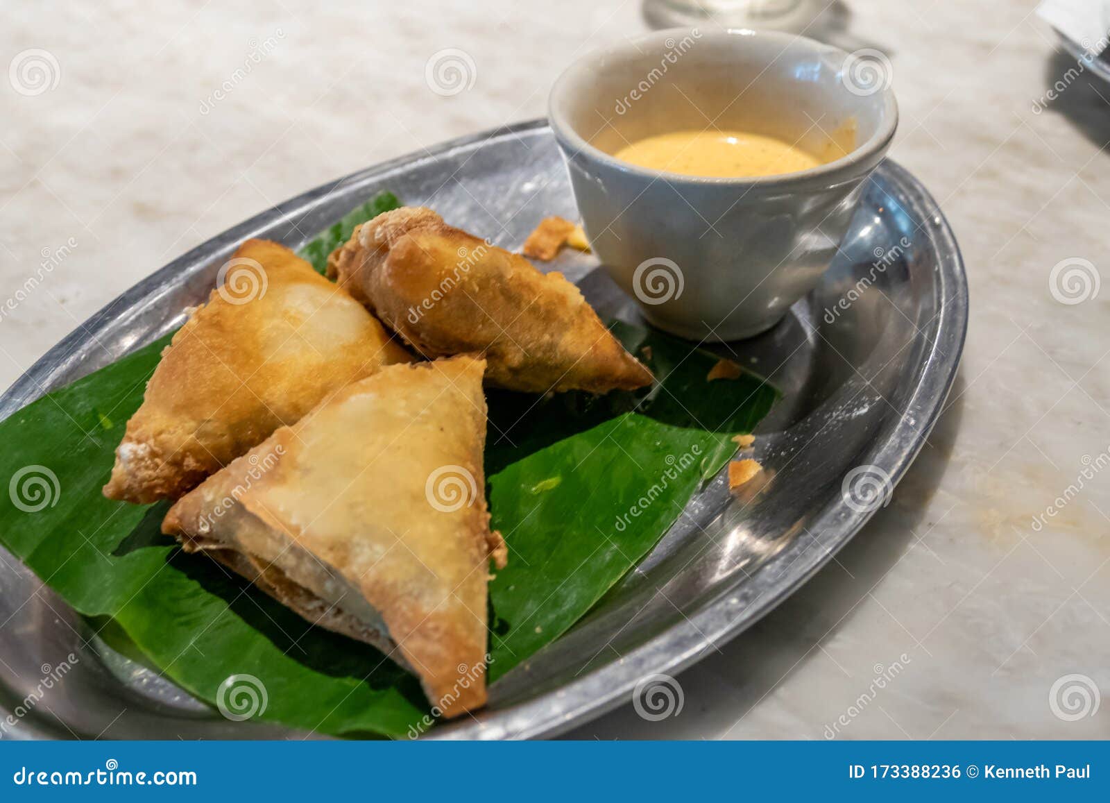 Samosa and sauce on tray stock photo. Image of cuisine - 173388236