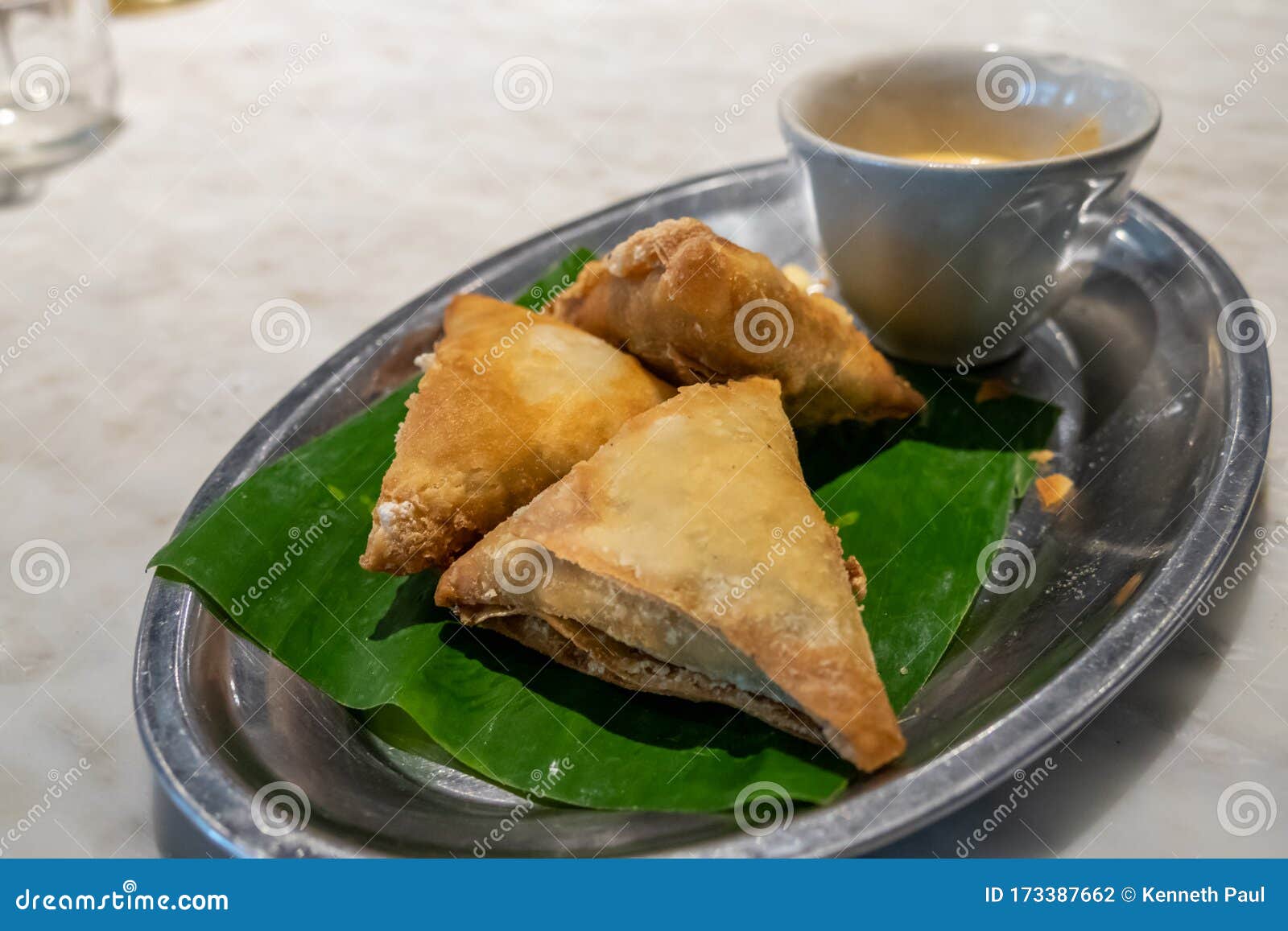 Samosa and sauce on tray stock photo. Image of iftar - 173387662