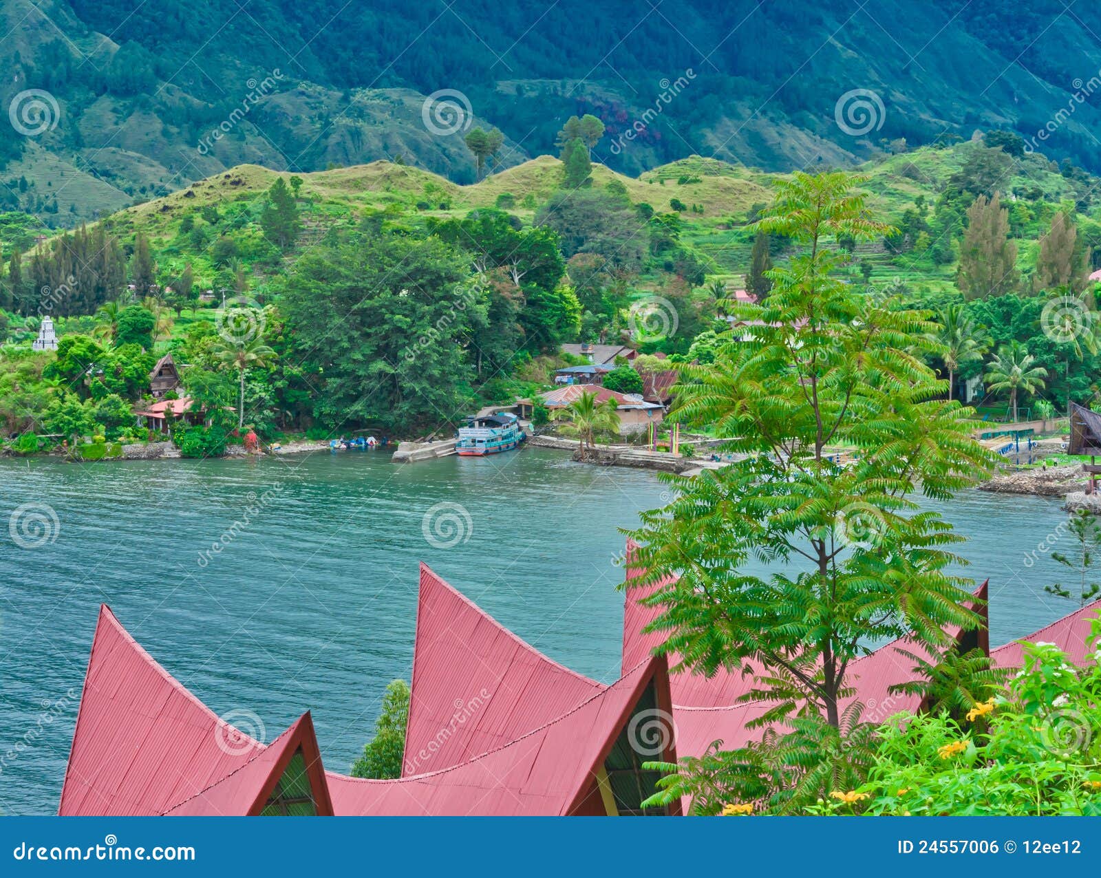 Samosir Island on Lake Toba, Sumatra Stock Photo - Image of boat, land ...