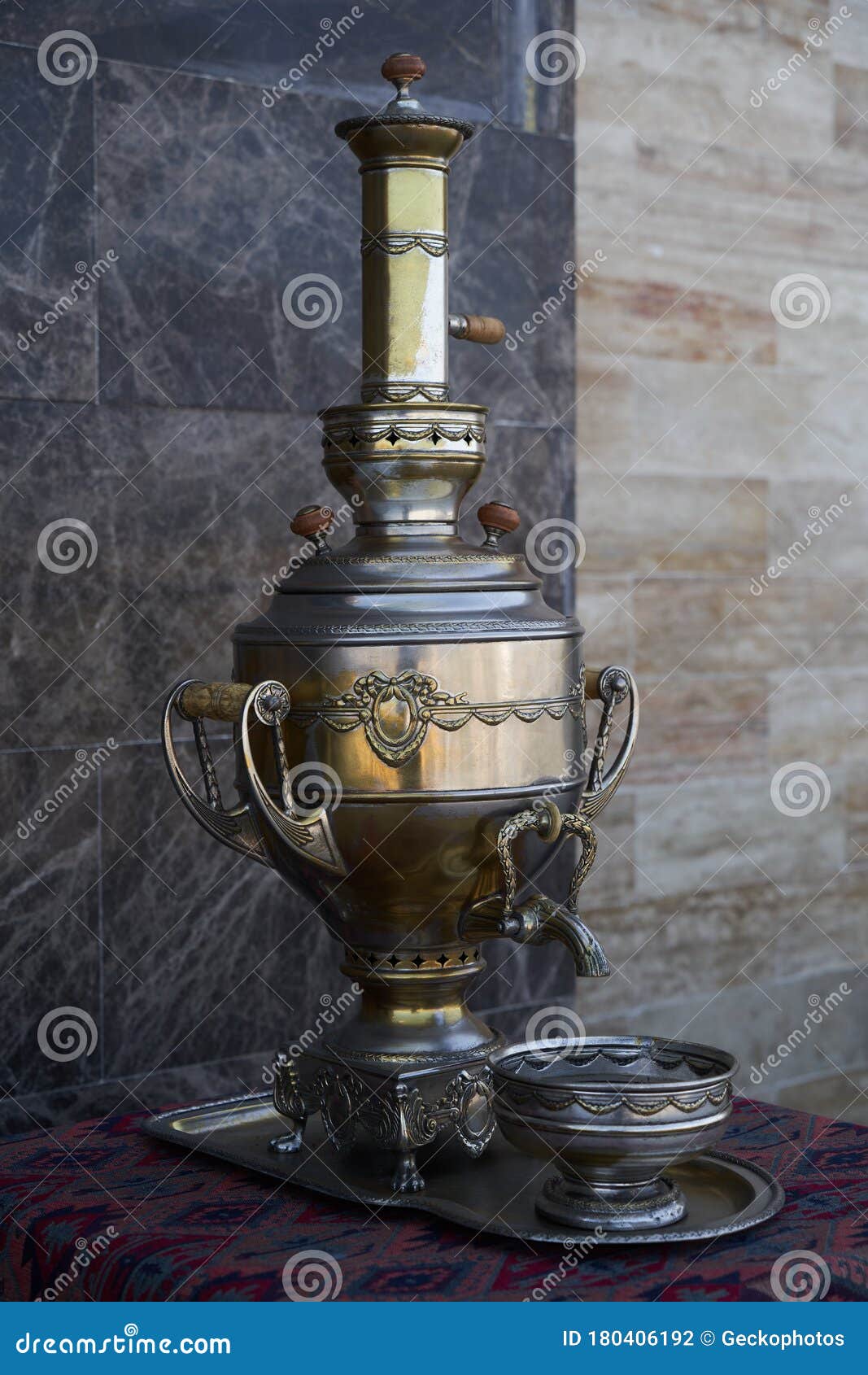 Samovar, Russian Tea Pot. Vintage Samovar On Marble Background Royalty ...