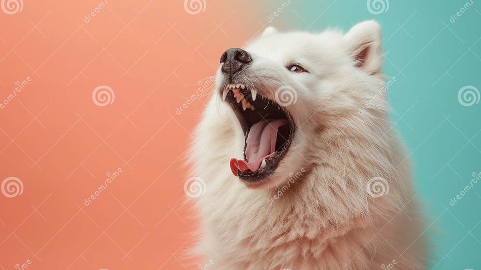 Samoyed, Angry Dog Baring Its Teeth, Studio Lighting Pastel Background ...