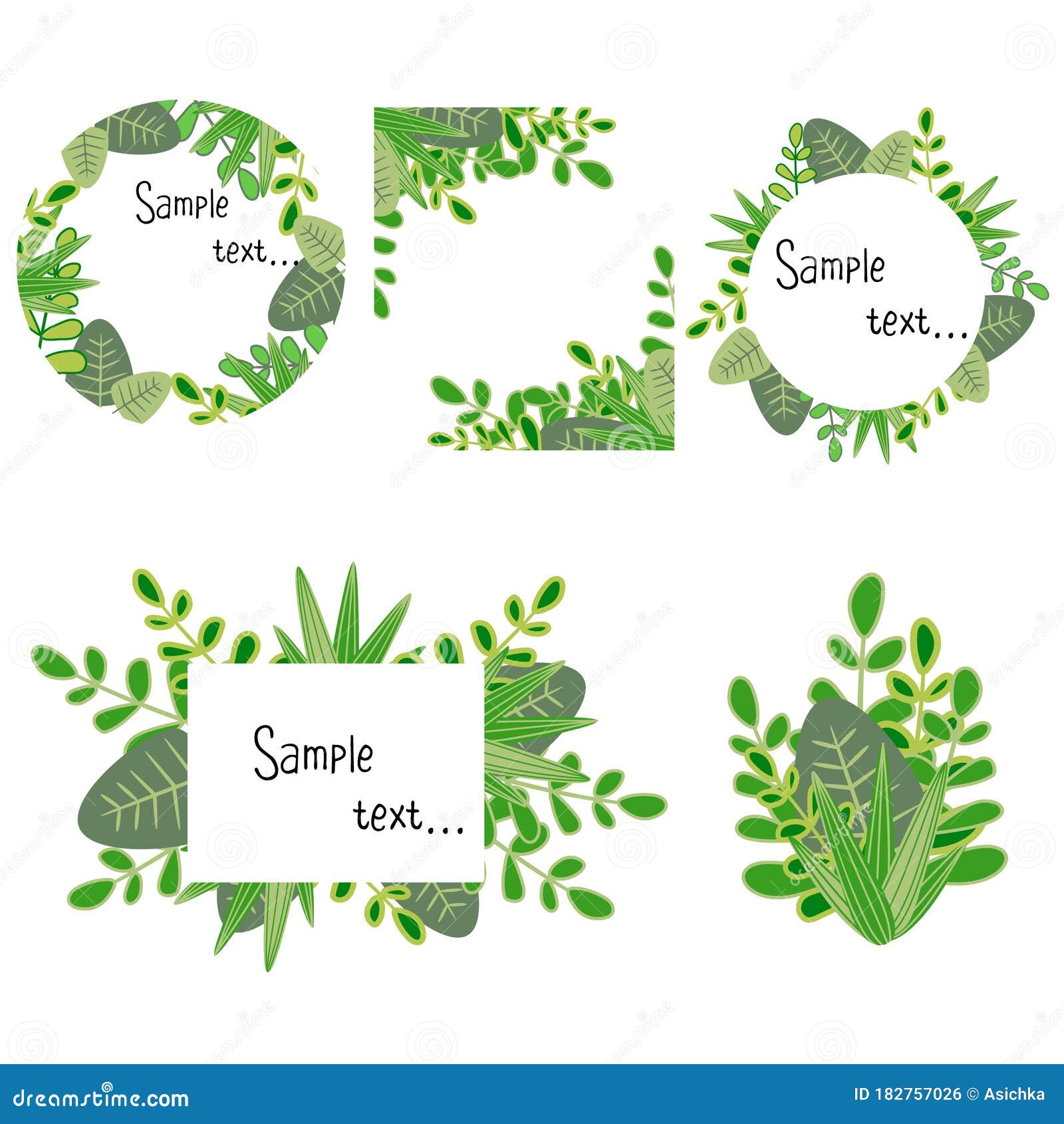 Sample Card with Hand Drawn Green Leaves and Plants with Sample Text in ...