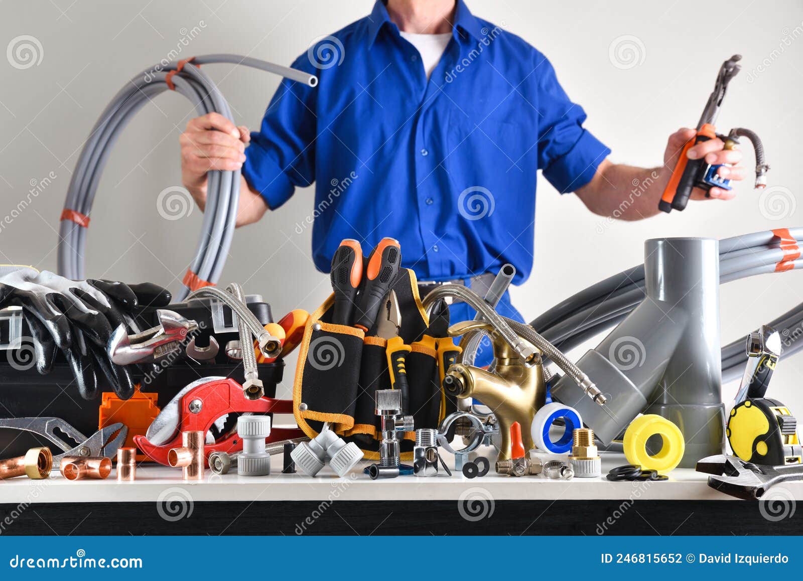 Sample of Plumbing Materials and Tools on Workbench Isolated Background ...