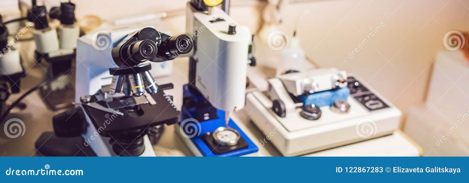 A Sample Preparation Table in a Laboratory with an Optical Microscope ...