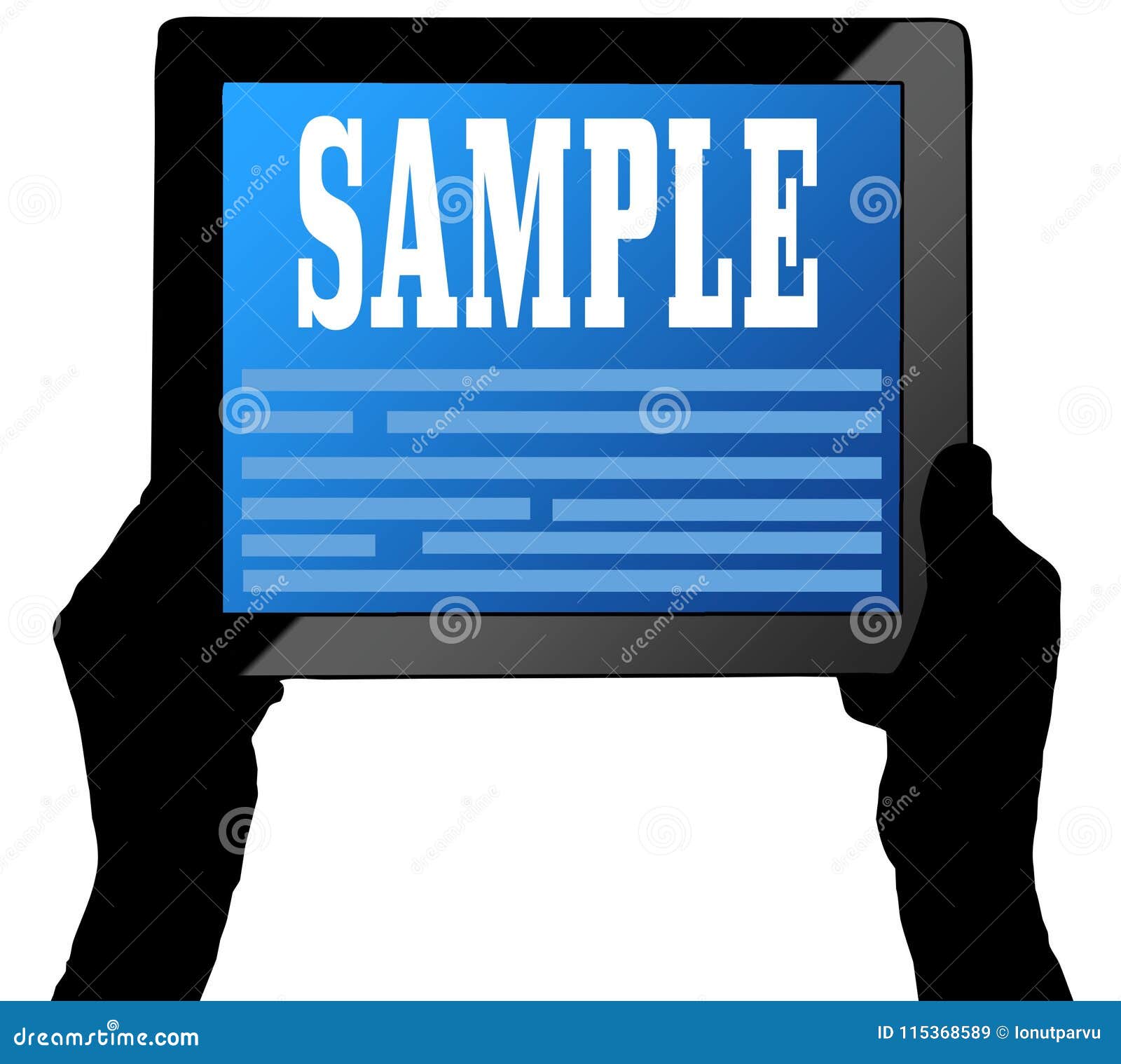 SAMPLE on Tablet Screen, Held by Two Hands. Stock Illustration ...
