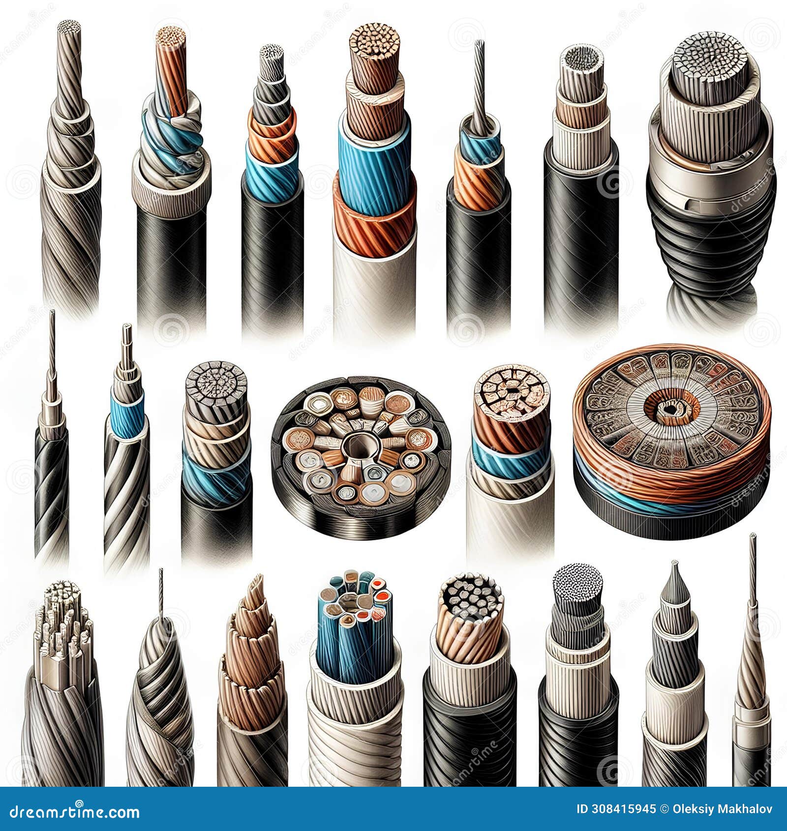 Samples of Cables with Views of Their Sections Isolated on a White ...