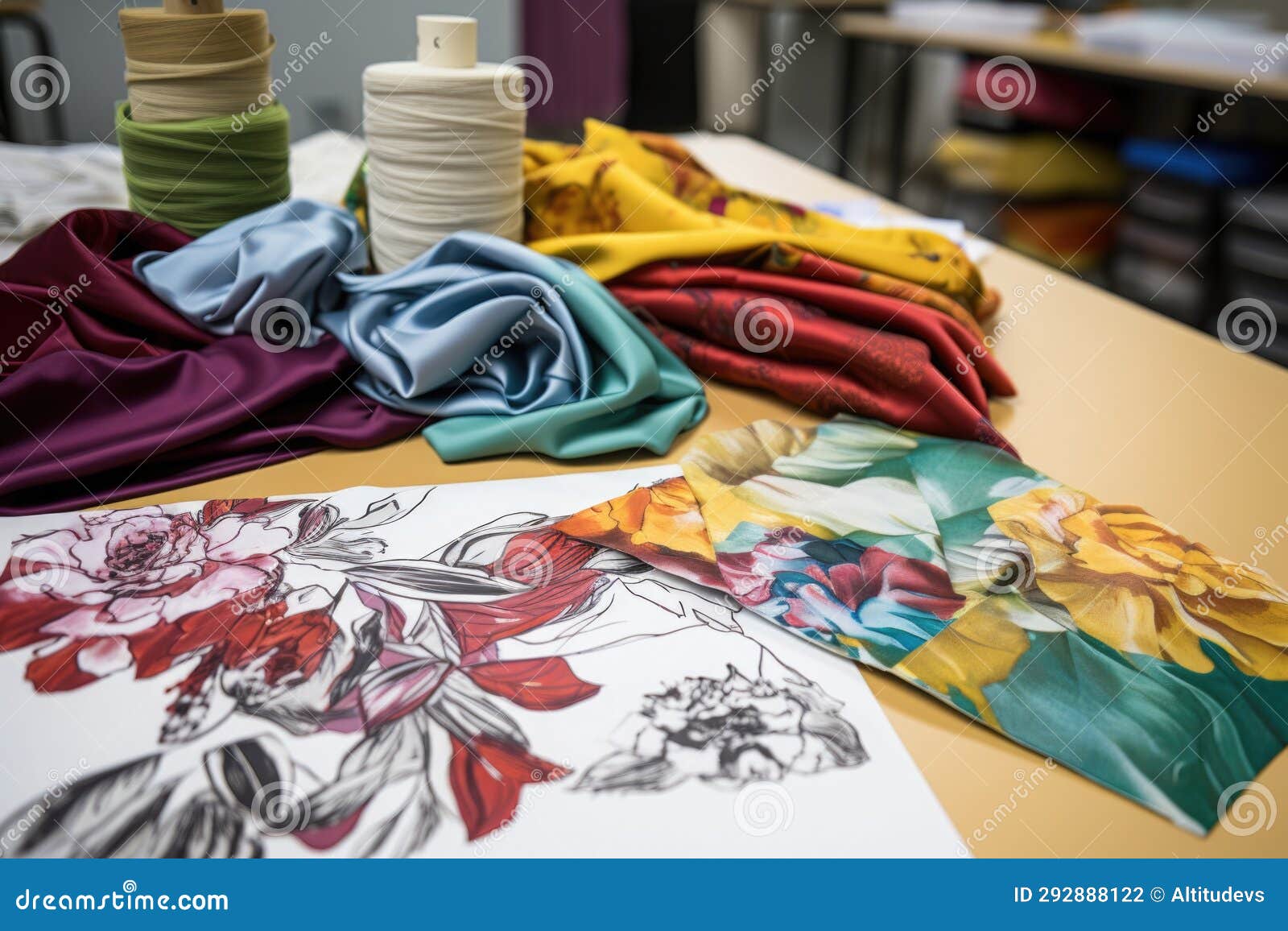 Samples of Textile Fabrics Next To Drawings of Clothes Stock Photo ...