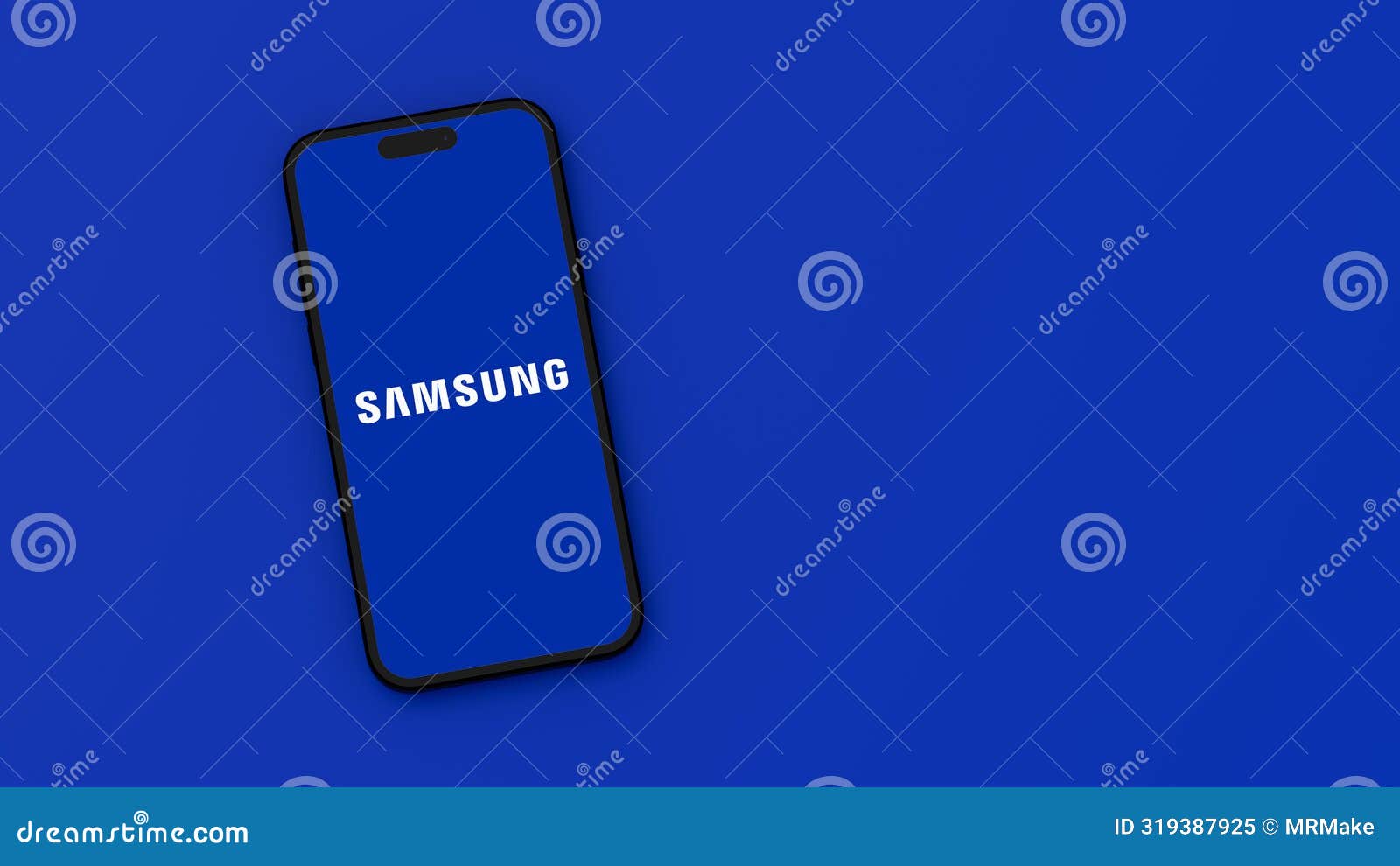 Samsung Logo on Mobile Phone Screen on Blue Background with Copy Space ...