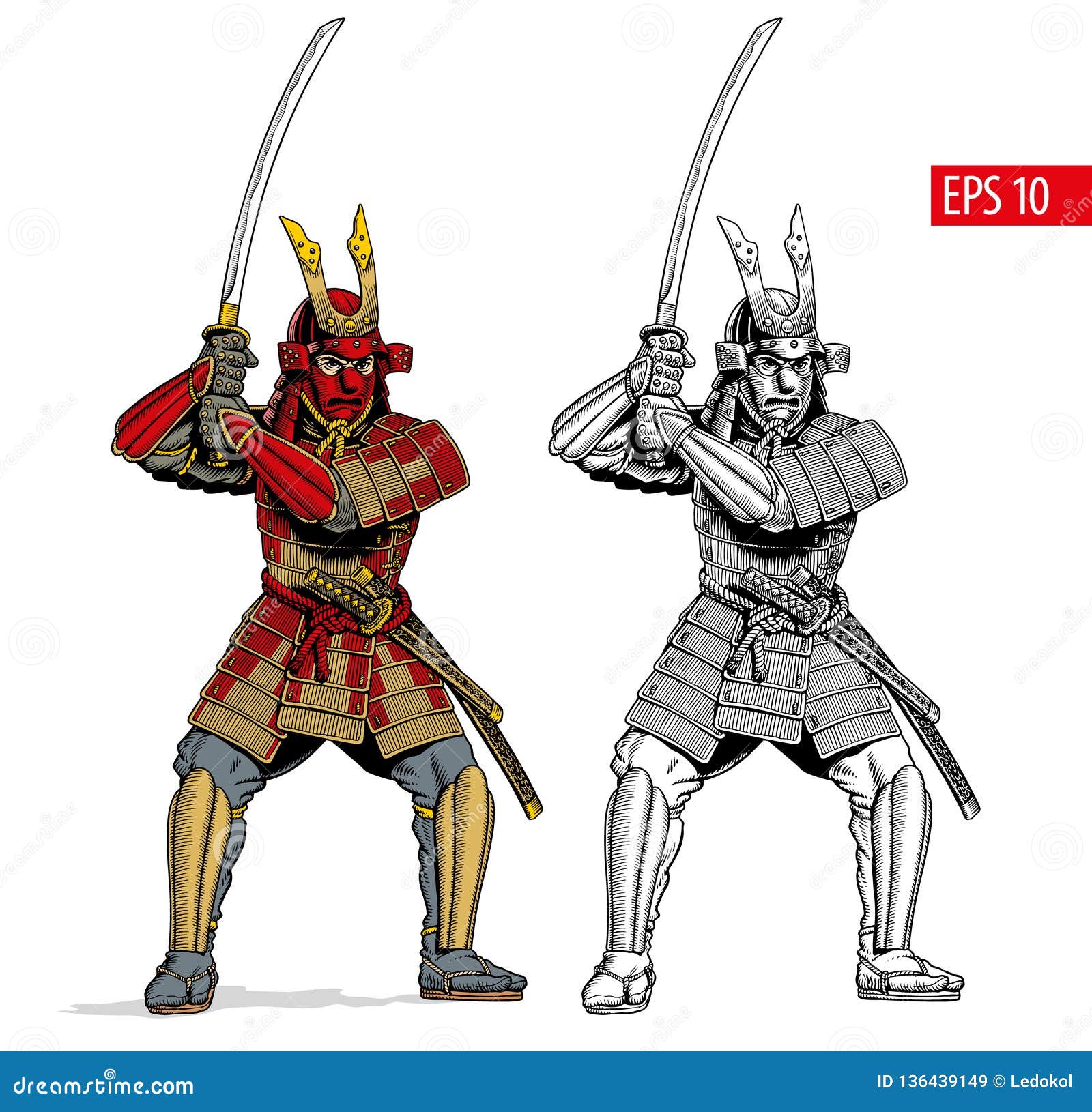 Samurai in Ancient Armor, Japanese Warrior with Katana Sword. Vector ...