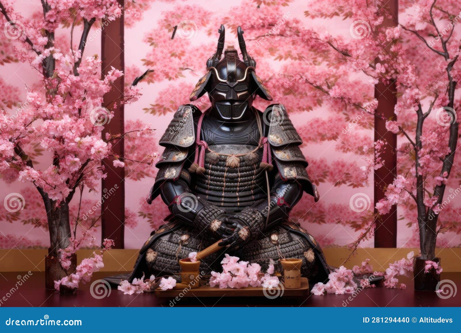 Samurai Armor with Cherry Blossom Backdrop Stock Illustration ...