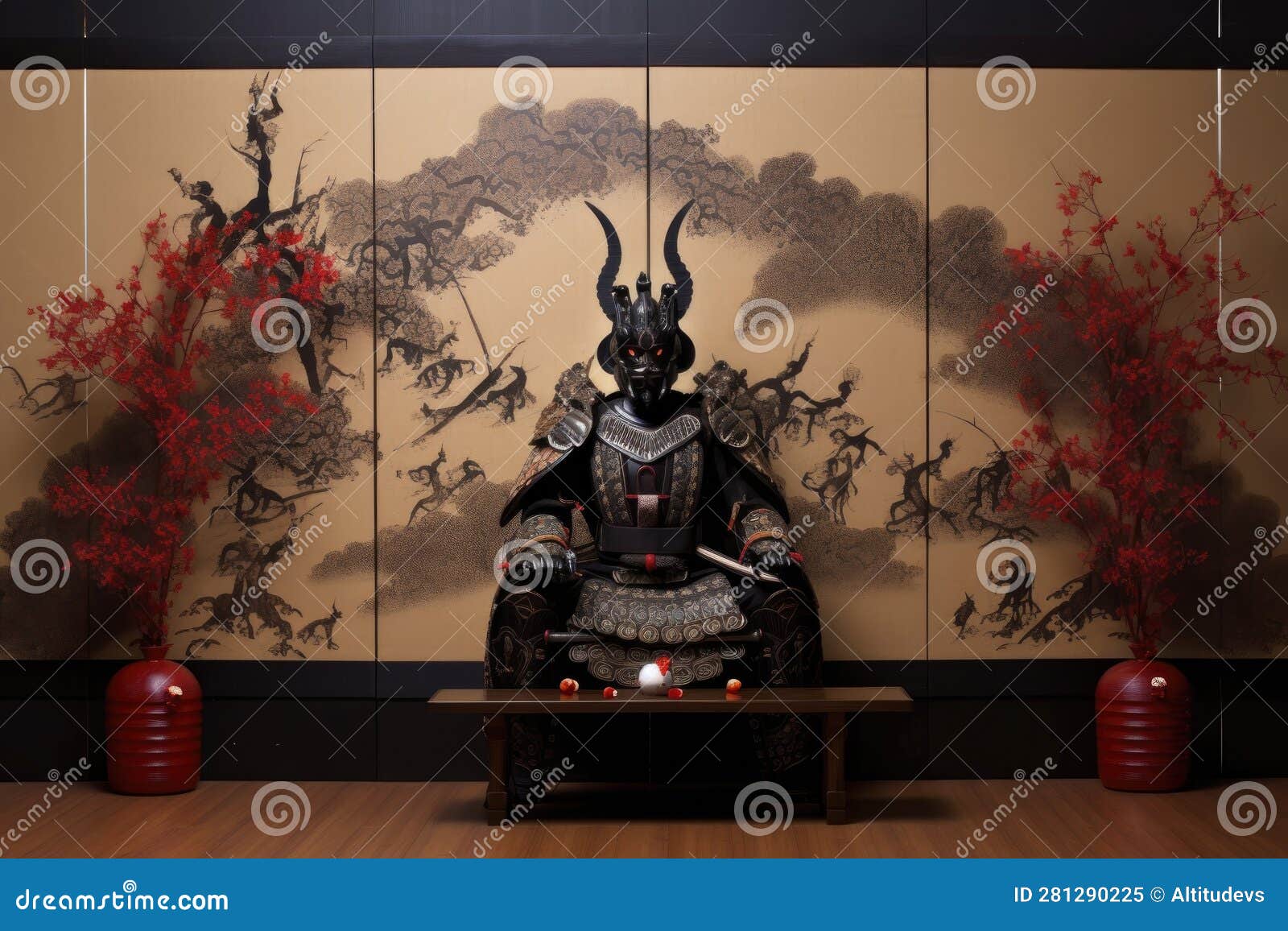 Samurai Armor with Japanese Calligraphy Backdrop Stock Illustration ...