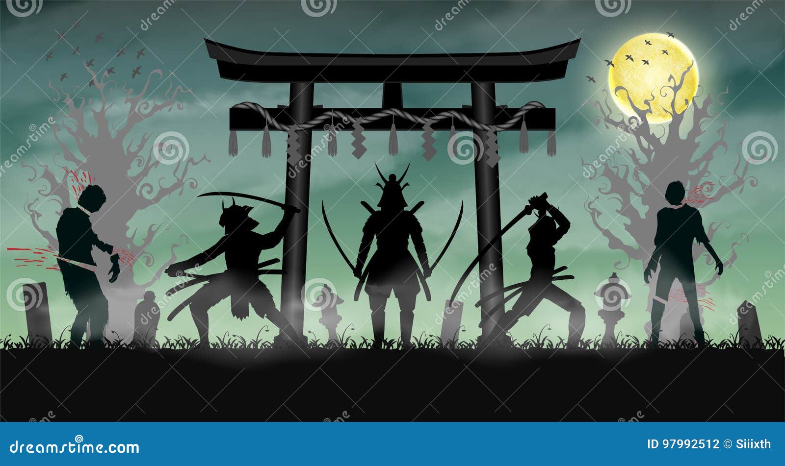 Set Of Zombie Samurai Isolated On White Background. Vector Cartoon ...