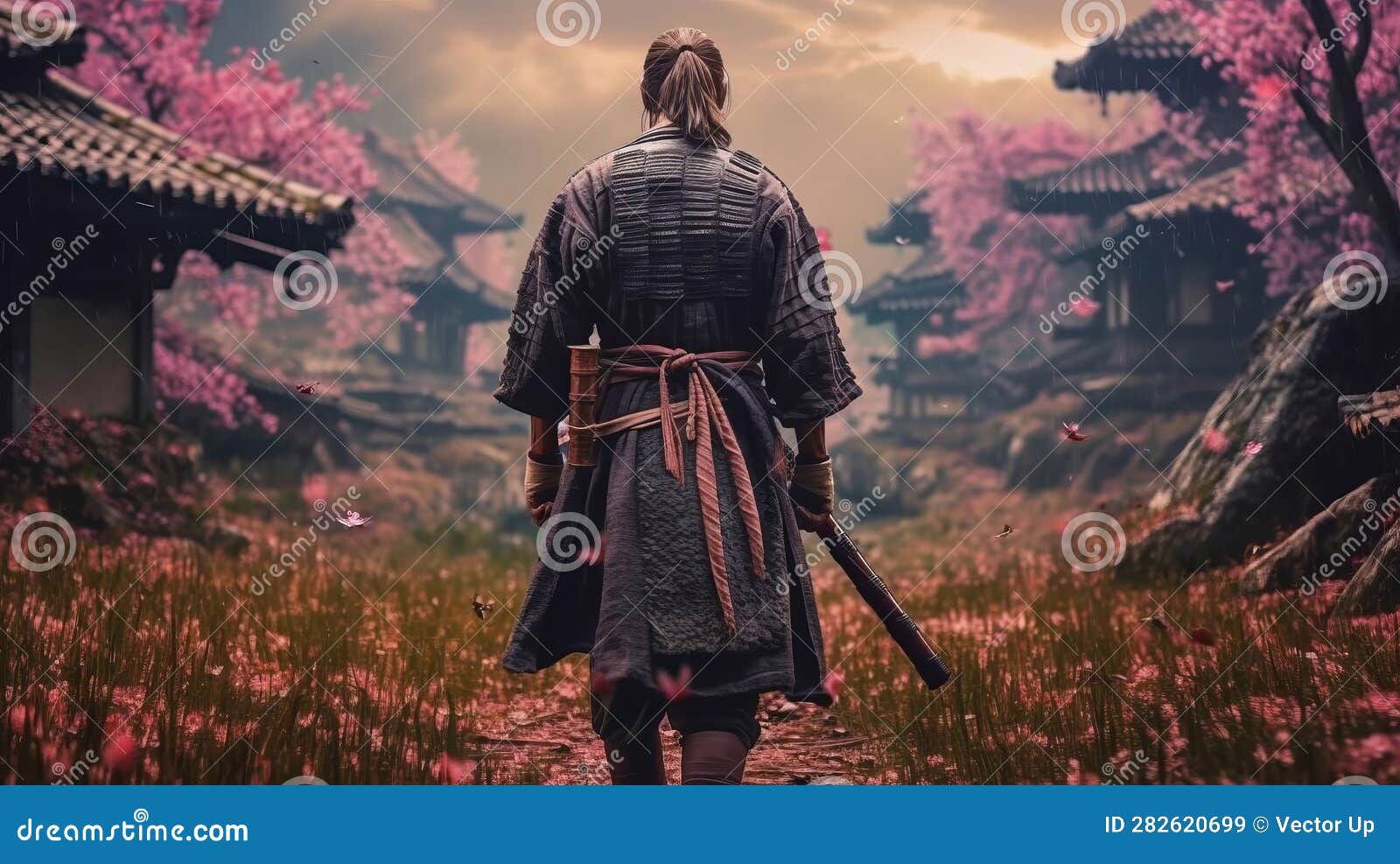 Samurai in a Blooming Garden Back View. Generative AI. Stock ...