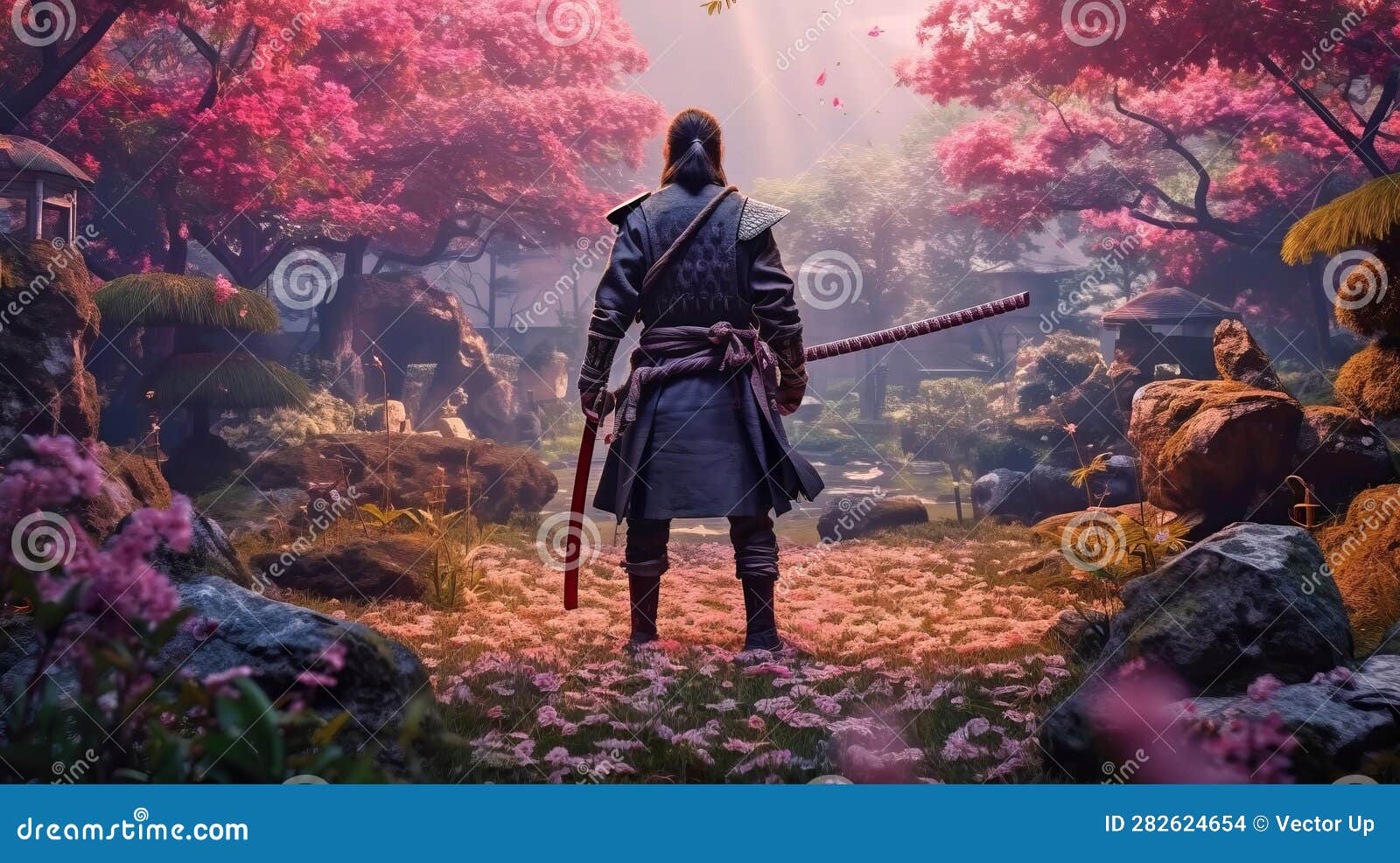 Samurai in a Blooming Garden Back View. Generative AI. Stock ...
