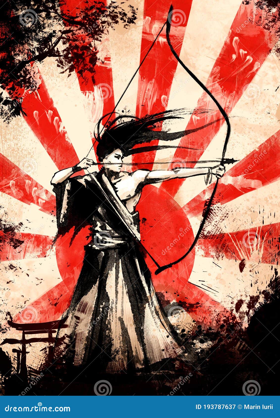 A Samurai with a Bow Stands Pulling an Arrow, Against the Backdrop of a ...