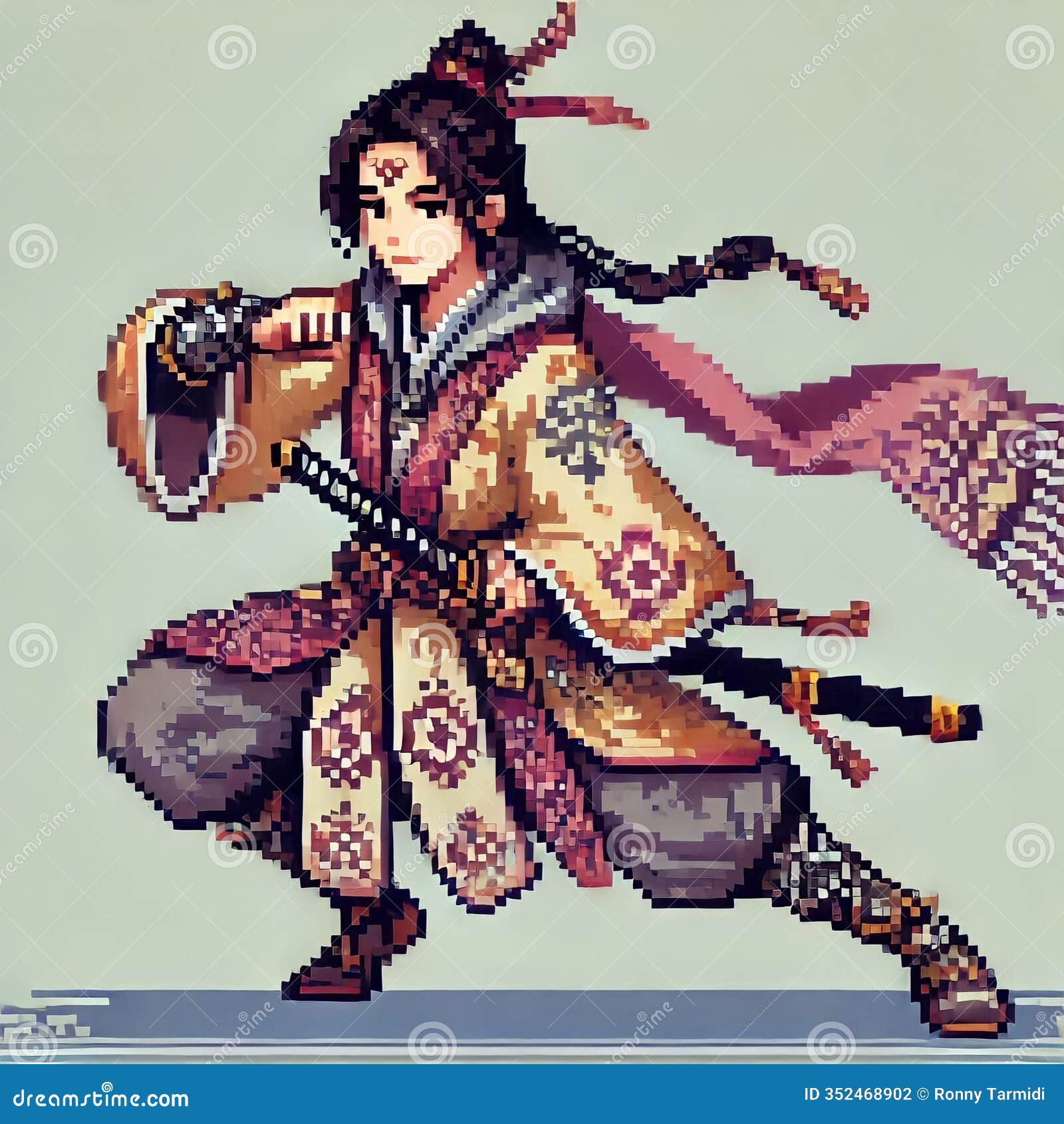 Samurai Character Design With Blue Costume, Pixel Art Royalty-Free ...